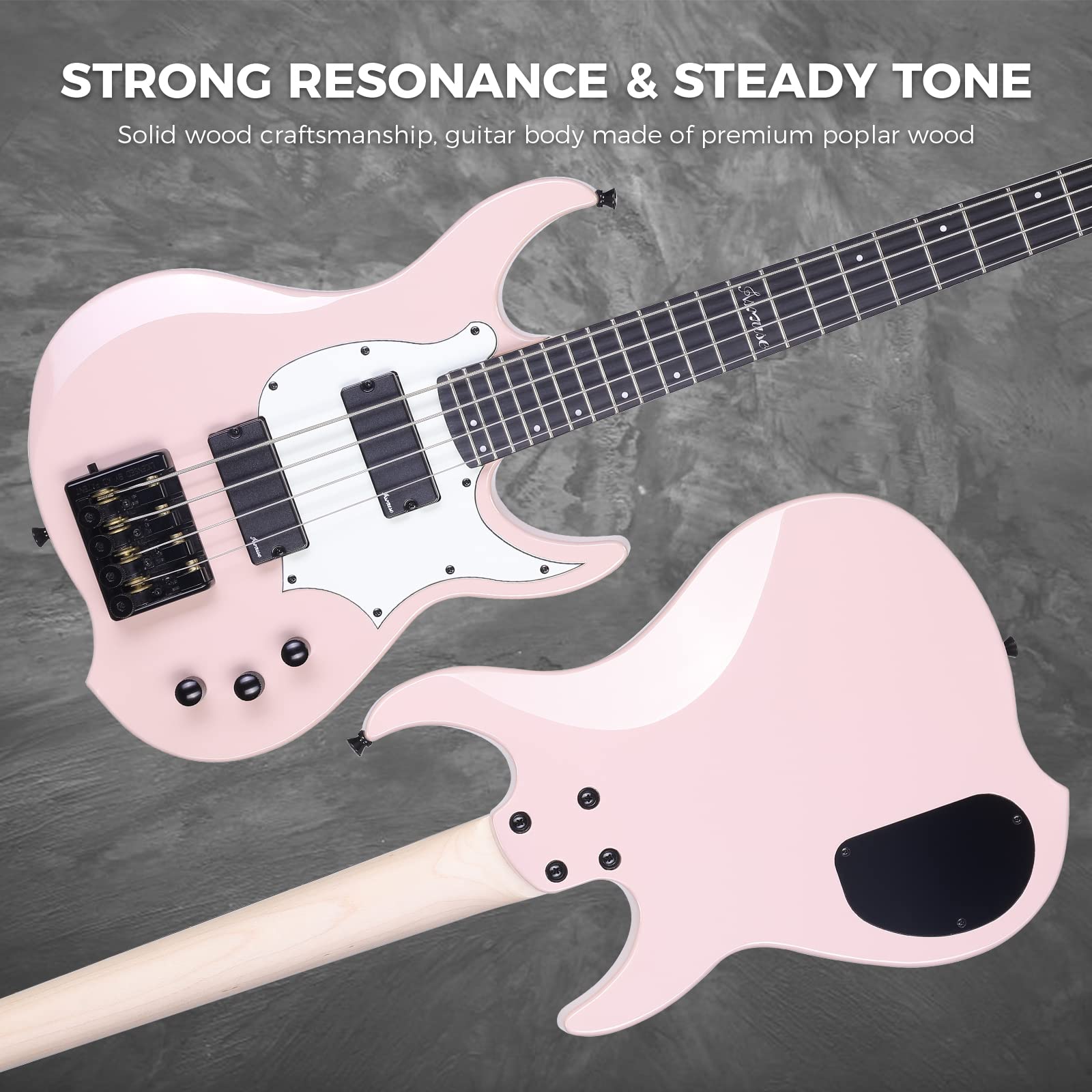 Headless Electric Bass Guitar, Solid Body 4-String Electronic Guitar Bass, SS Pickup, Portable Travel Electric Bass Kit for Beginner