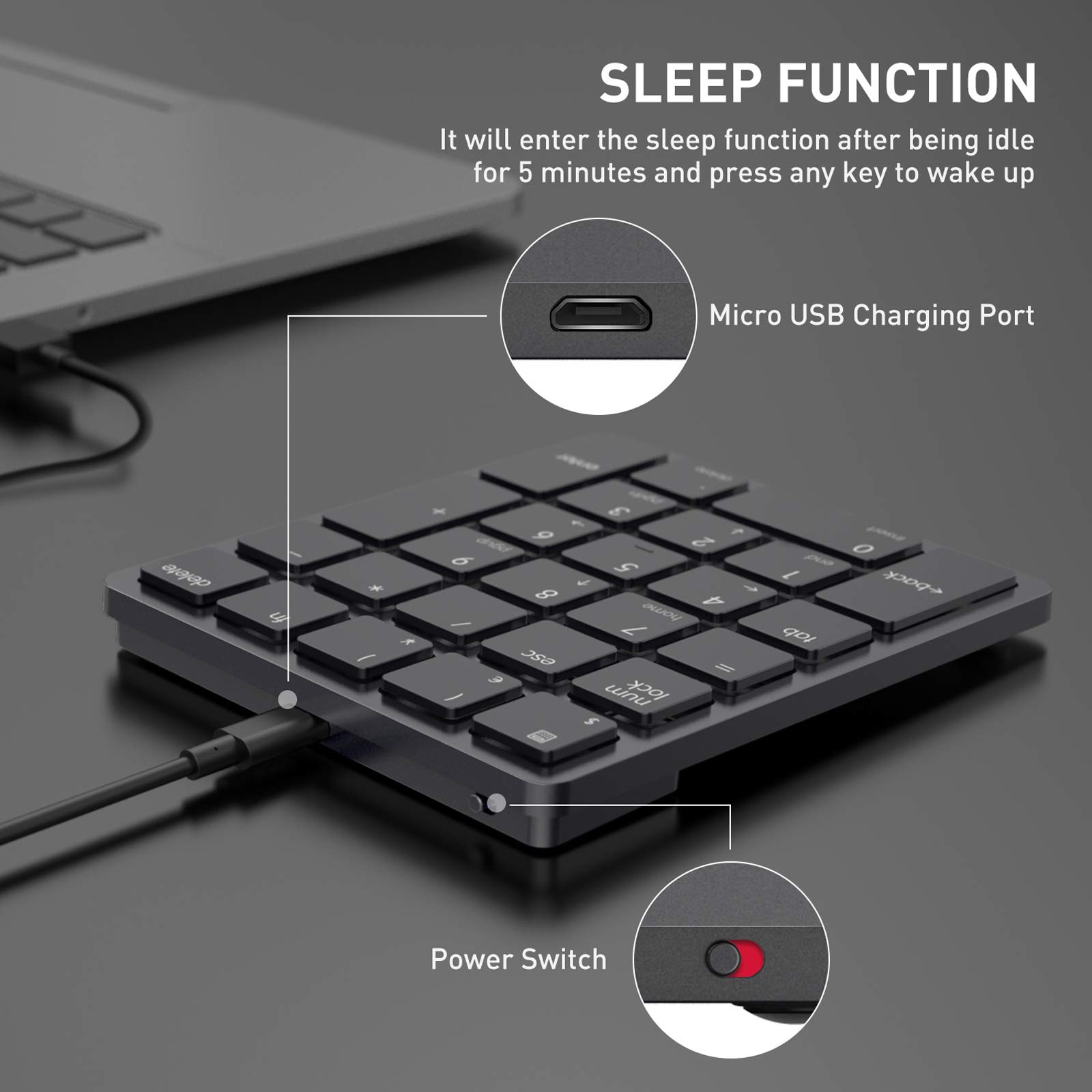 havit Wireless Number Pad, USB Numeric keypad 26 Key Portable Mini 2.4GHz Financial Accounting Rechargeable Number Keyboard for Laptop,Computer, Desktop, PC, Surface Pro,Notebook (Black)