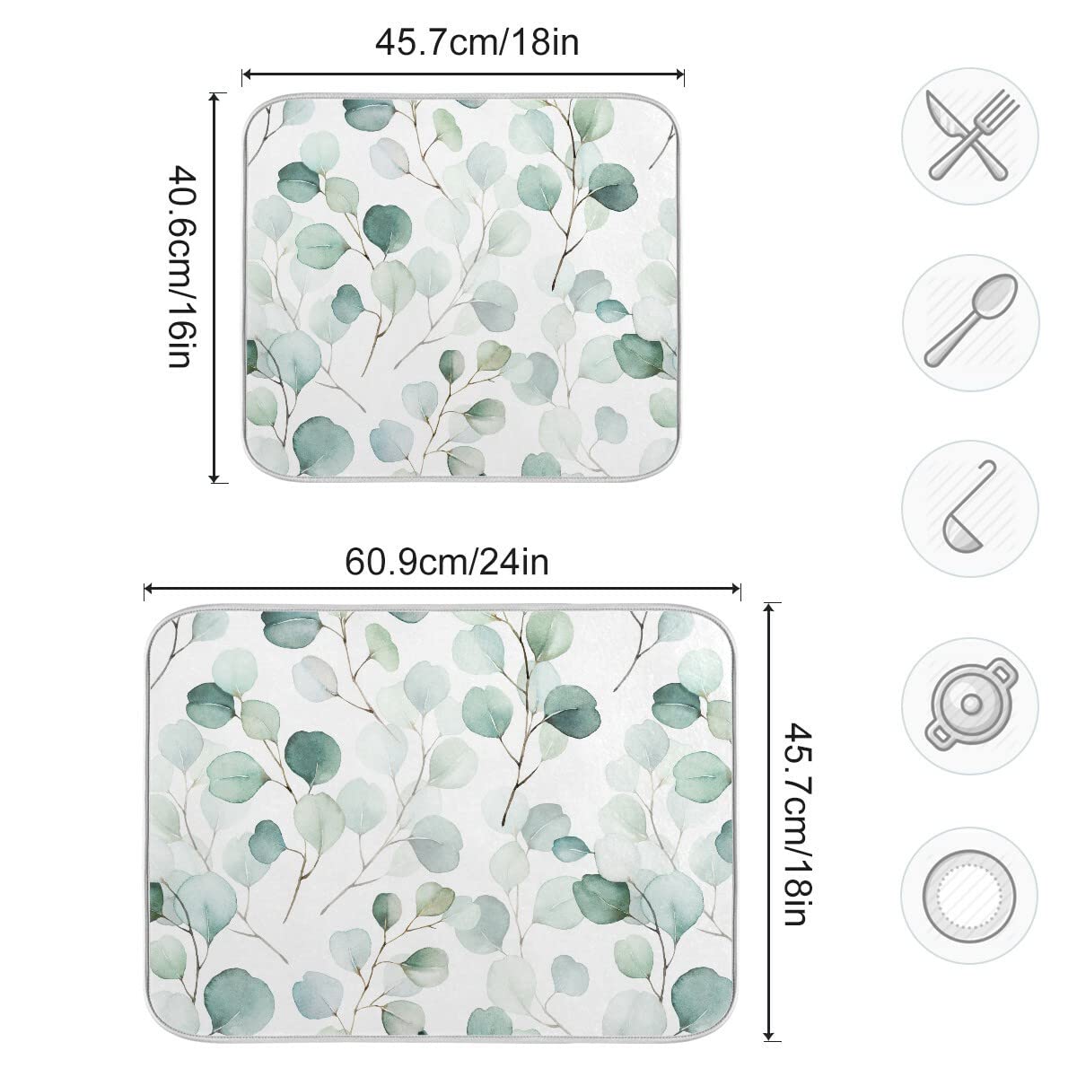 Green Leaves Dish Drying Mat 16x18 for Kitchen Counter Watercolor Herbs Women Kitchen Drying Mats Dishes Pad Absorbent Fast Dry Dish Draining Mats Medium Kitchen Accessories