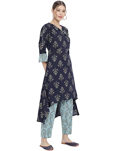 Yash Gallery Women's Cotton Floral Print A-line Kurta Pant Set (Blue)