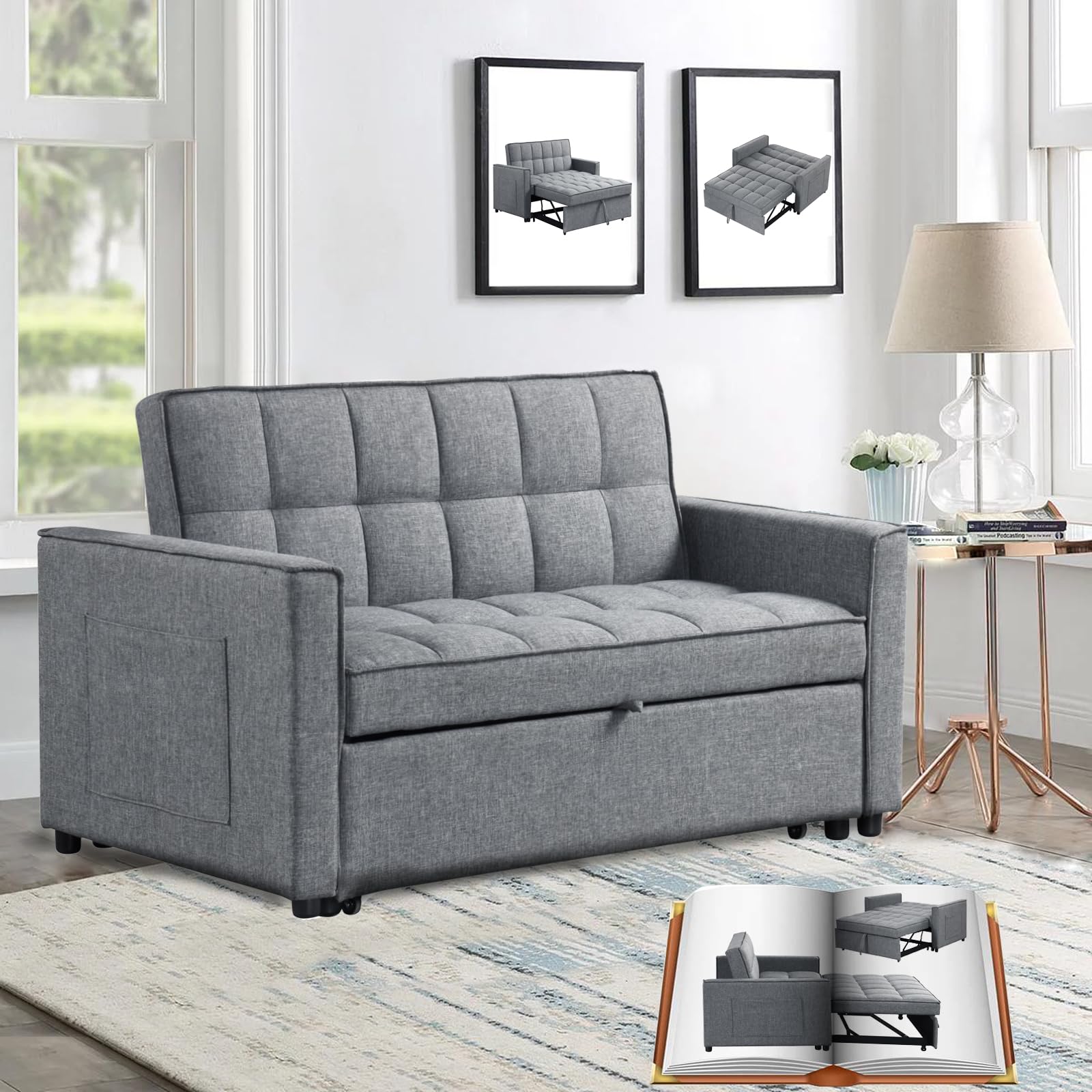 KAIRUITUCH Convertible Sleeper Sofa, 3-in-1 Pull Out Couch with Adjustable backrest, Storage Pockets, Fold Out Loveseat Futon Sofa Couches Bed for Living Room, Small Space, Apartment, Grey Fabric