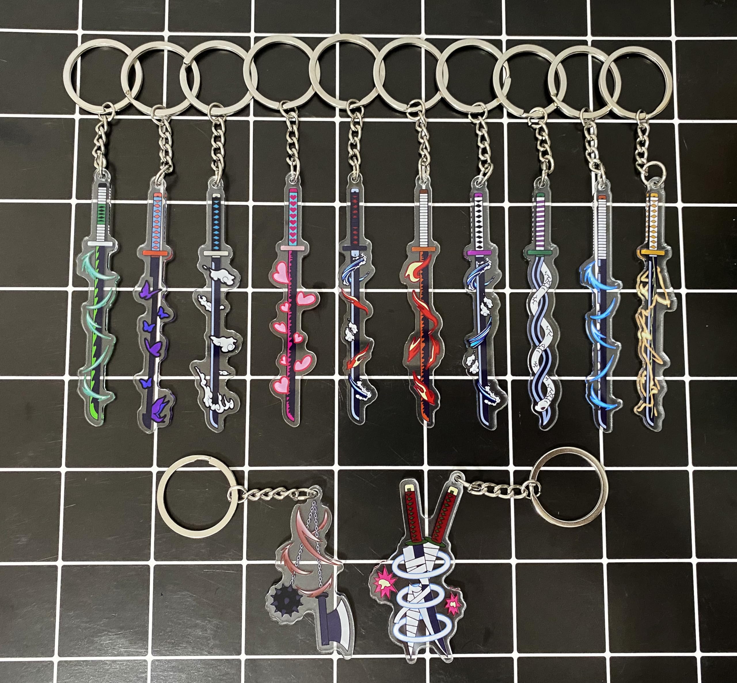 FSRONGXI Anime Keychains, 12Pcs Acrylic Anime keychain, Mini katana Sword Key chain Anime Stuff Accessories Gifts