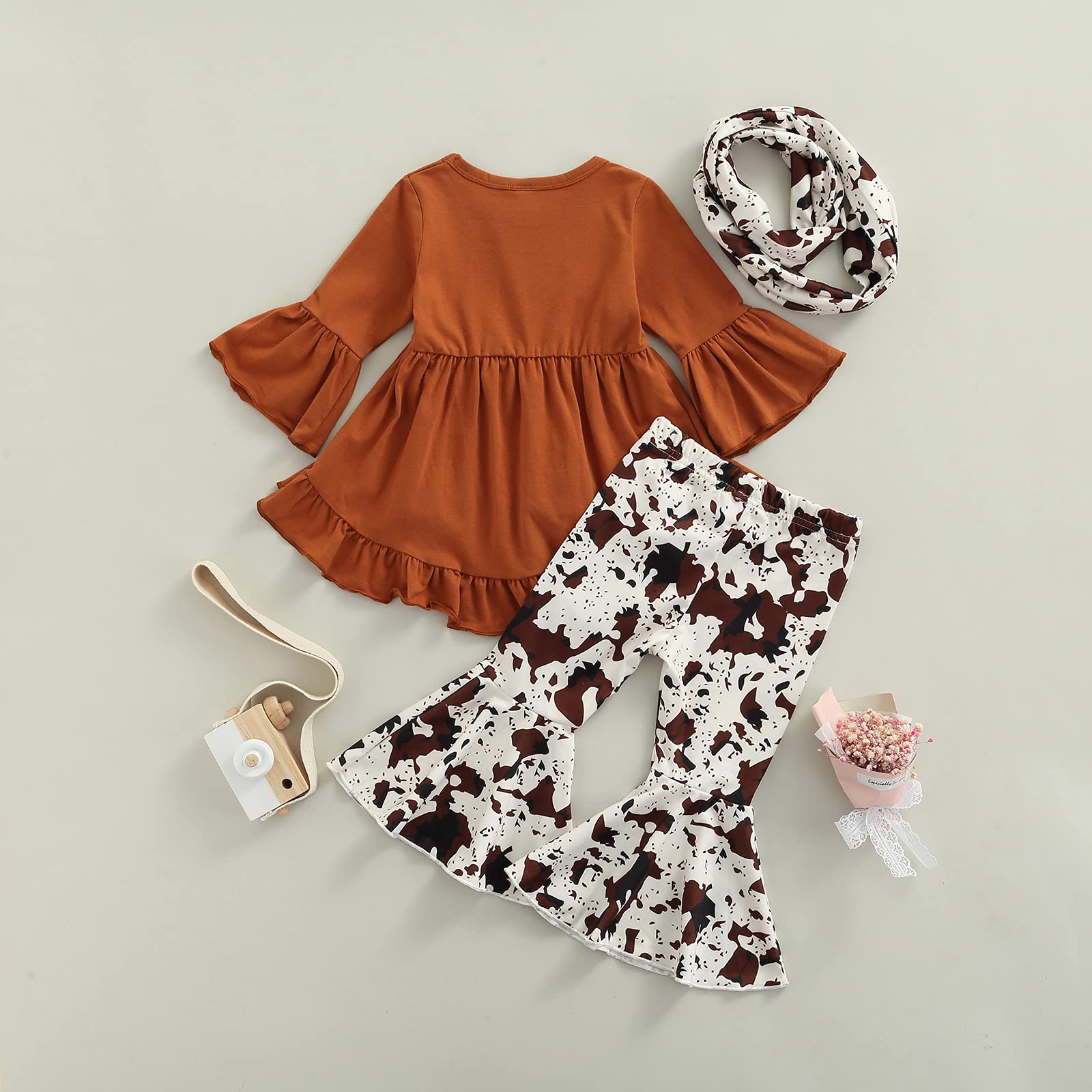 wdehow Toddler Baby Girls 3PCs Outfits Long Pullover Ruffle Dress Shirt+Leopard Flared Pants+Scarf Fall Winter Clothes (Khaki, 4-5T)