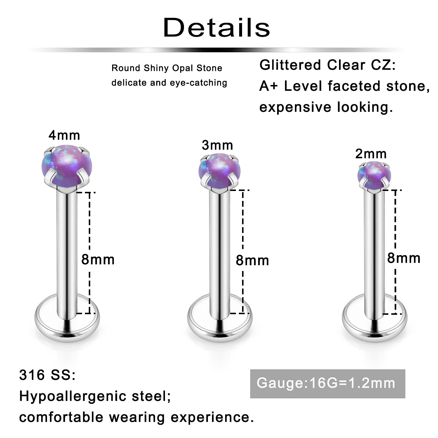 Ftovosyo Opal Medusa Piercing Jewelry 16G Stainless Steel Lip Rings Internally Threaded Labret Studs Different Size Forward Helix Cartilage Conch Tragus Earring Stud for Women Men