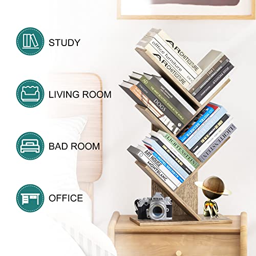 ZRWD Tree Bookshelf, 4-Tier Book Storage Organizer Shelves Floor Standing Bookcase, Wood Storage Rack for Office Home School Shelf Display for Cd/Magazine(French Oak Grey)