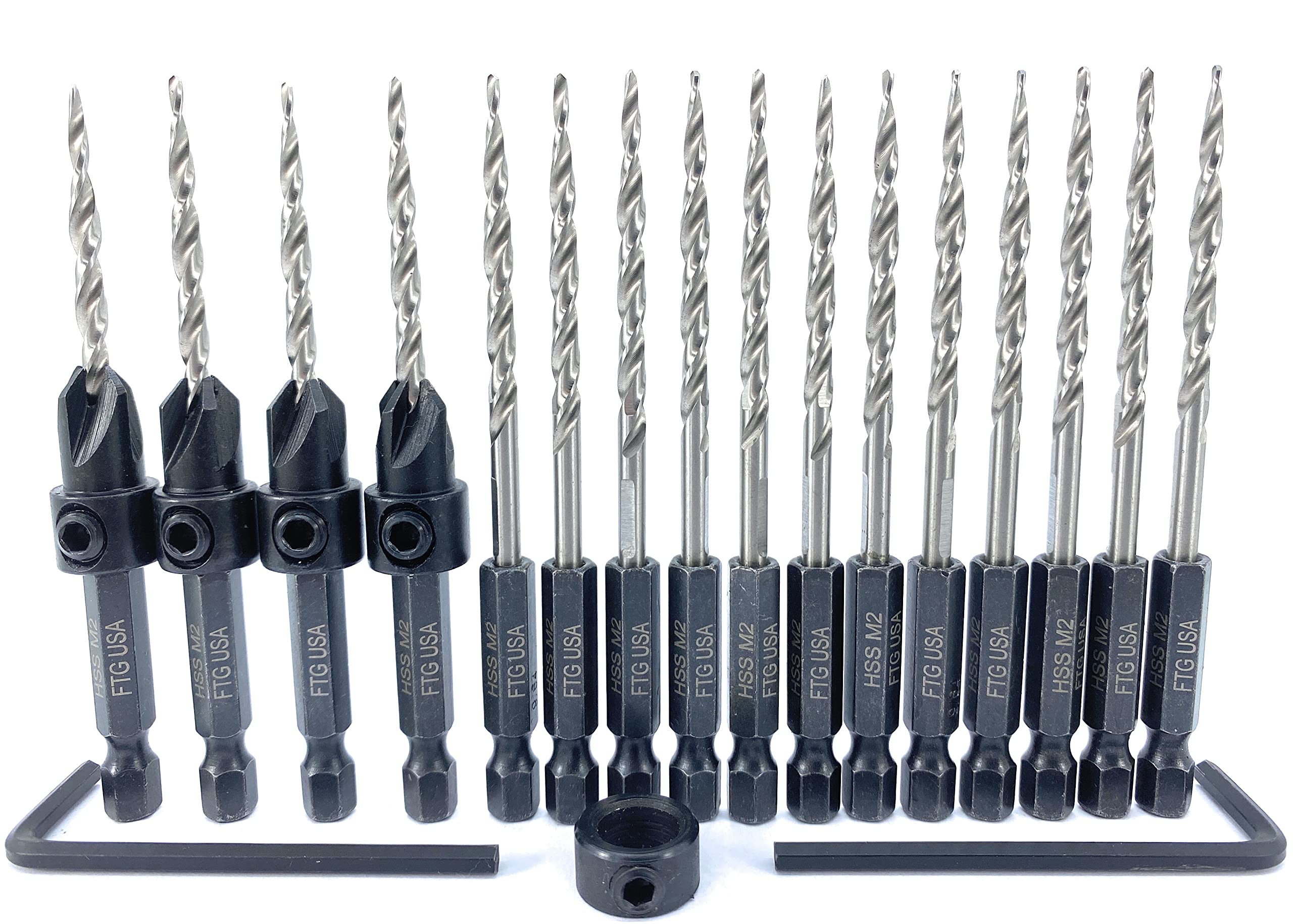 FTG USA Countersink Drill Bit Set 4 Piece Same Size #6 (9/64") Countersink Drill Bit with 12 Replacement Tapered Countersink Bits #6 (9/64") 1 Depth Stop Collar, 2 Hex Wrench