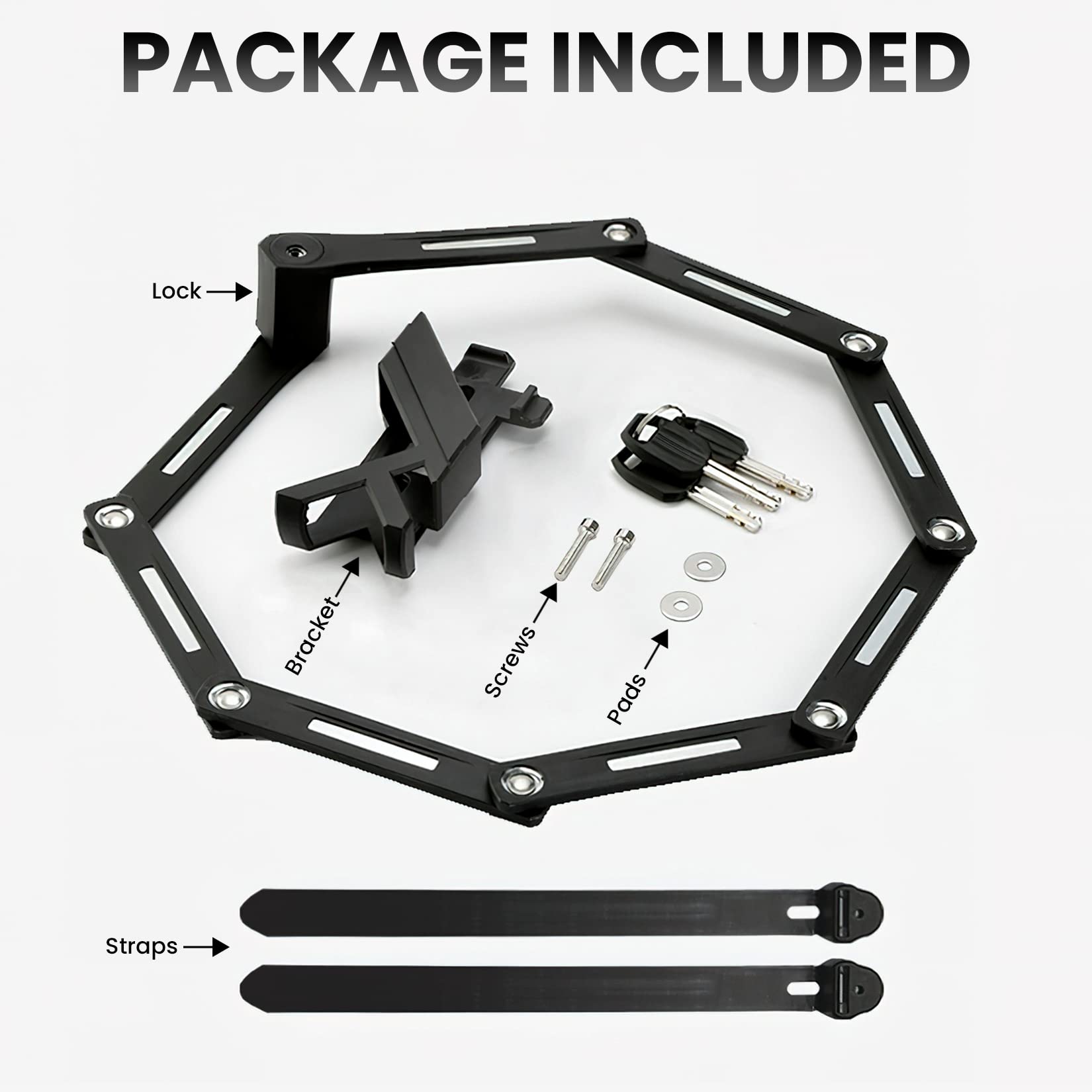 FTOYIN Compact Folding Bike Lock with 2Keys, Fold Chain Heavy Duty Alloy Steel Foldable Lock with Mounting Bracket 2pc Straps, 80cm/31.5” Unfolding