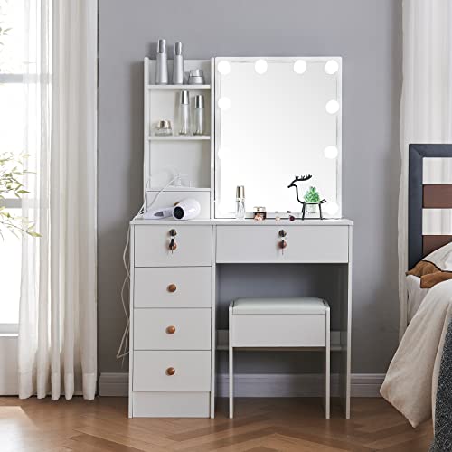 tojump Makeup Vanity Table with LED Lighted Mirror, White Vanity Desk with Drawers & Cabinet, Bedroom Makeup Dressing Table with Cushioned Stool (Modern Y)