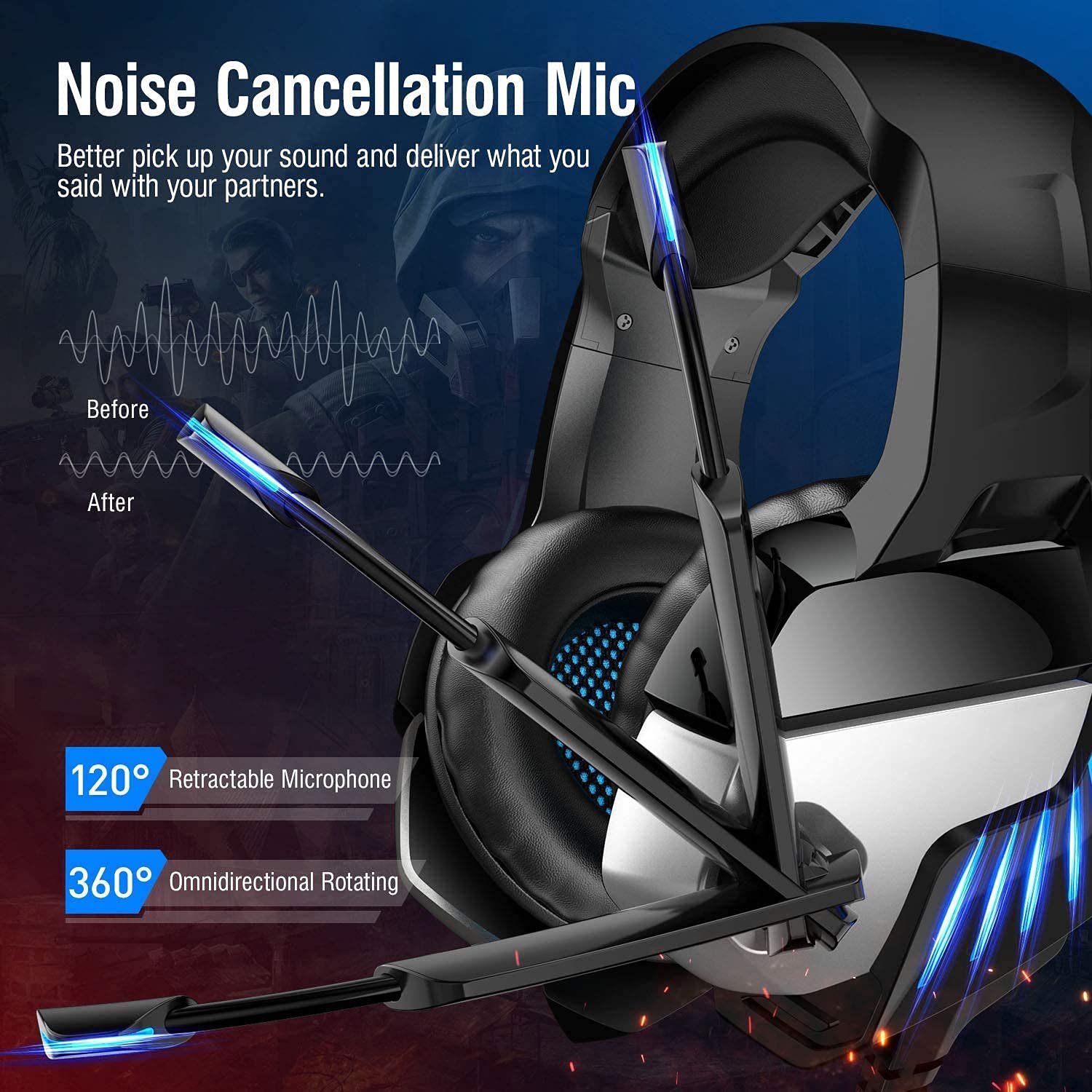 Gaming Headset, Gaming Headphones with Microphone 7.1 Surround Sound Wired Over Ear Headsets for PS4 PS5 Xbox One Switch PC Playstation Computer Laptop Headset