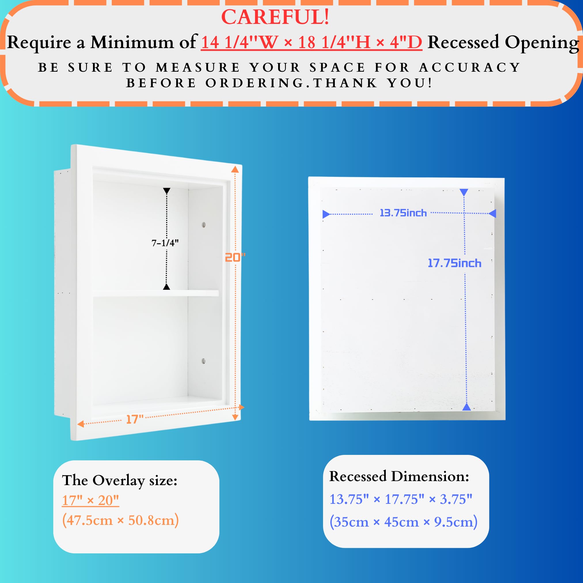 Potter-Island 14 × 18 Medicine Cabinet Recessed, Wall Niche, Bathroom Wall Cabinet, 2-Tier, Between Studs Shelving for Drywall, (Plain Back/White)