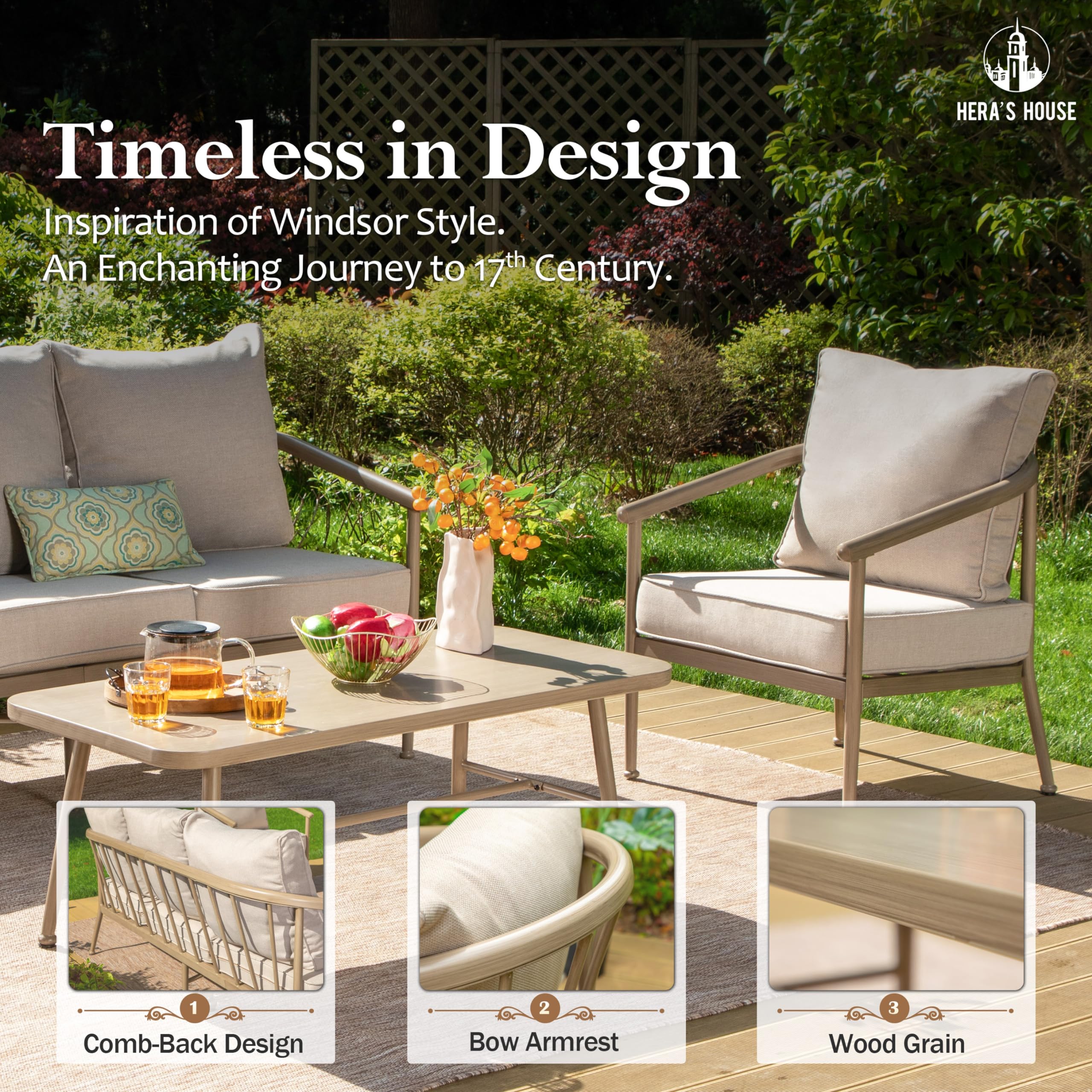 HERA'S HOUSE Patio Furniture Set, 2 x Cushioned Leg Chair, 3-Seat Sofa with Wood Grain Coffee Table, 5 Seats Luxury Windsor Style All Weahter Outdoor Sofa Conversation Set for Deck Lawn Backyard