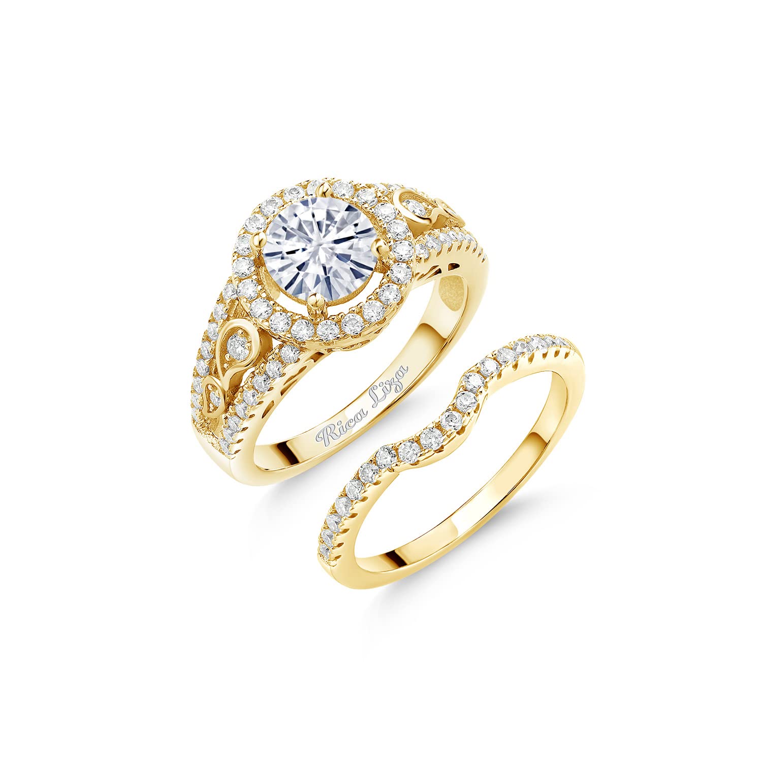 Gem Stone King Build Your Own Personalized and Customized Round Birthstones and Moissanite 18K Yellow Gold Plated Silver Women Wedding Engagement Ring Band Bridal Set (Size 7)
