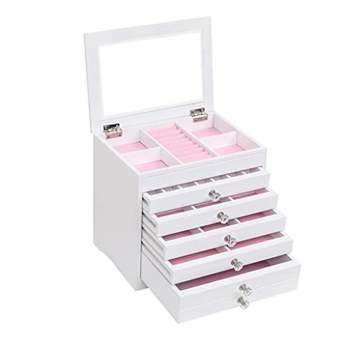 ZSEDP High Large Gloss Wooden Jewellery Box Armoire Bracelet Organizer Storage 5 Layers Glass White US Warehouse