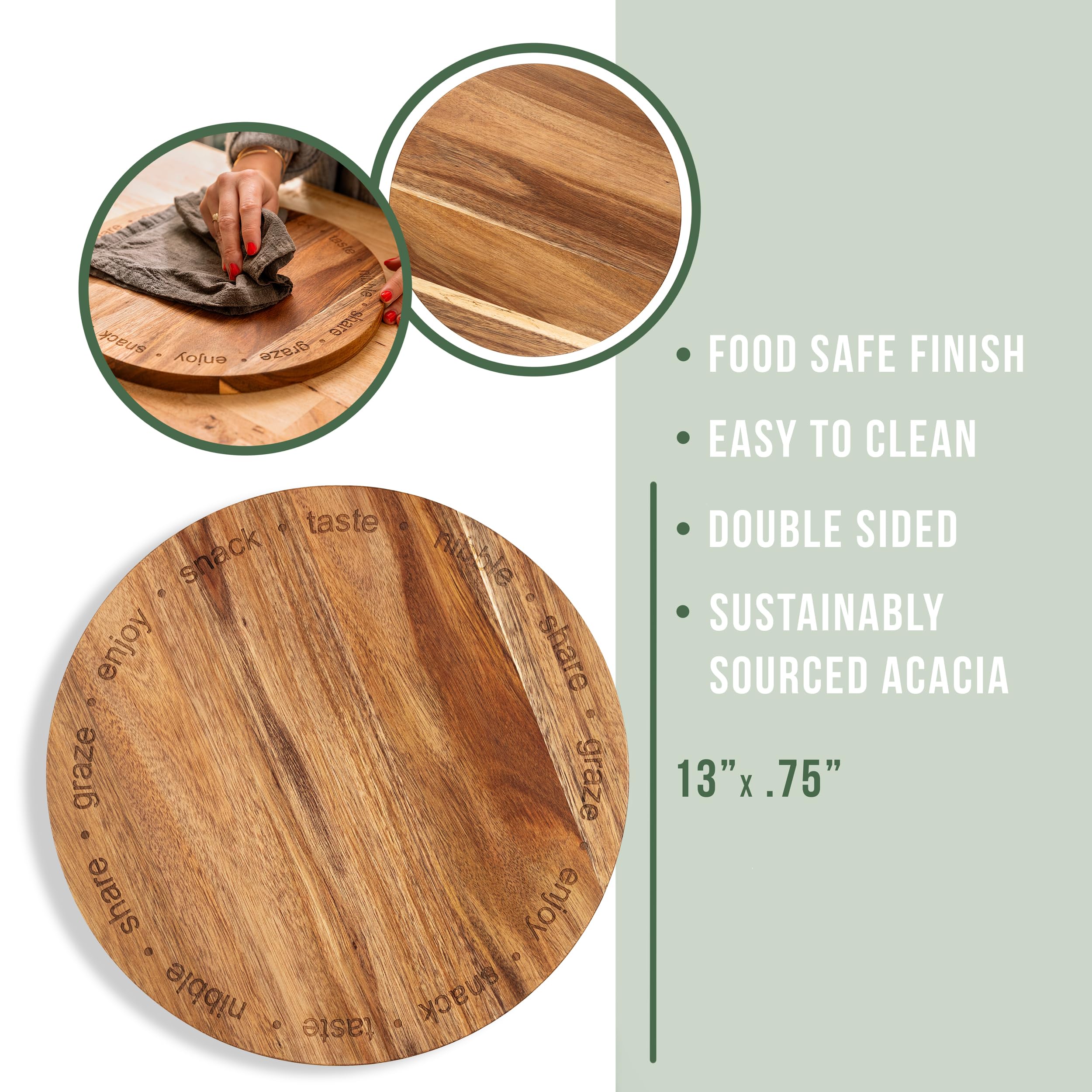 Laser Engraved Acacia Serving Board, 13 Inch Round Charcuterie Platter, Natural Wood Server for Meat, Cheese Board, and Party Appetizers, Grazing Board