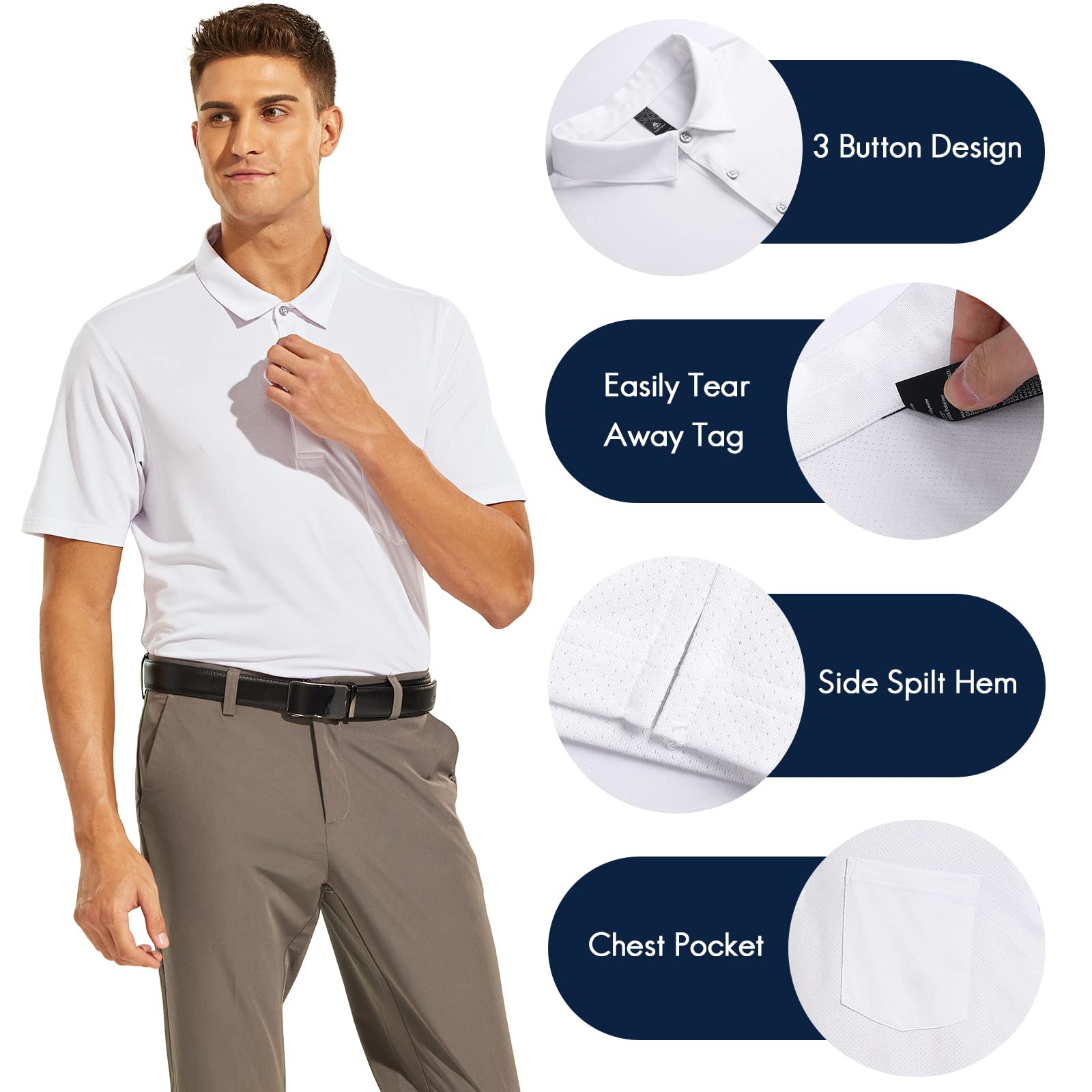 Haimont Polo Shirts with Pocket Dry Fit Golf Shirt for Men, Moisture Wicking Breathable Soft White,L
