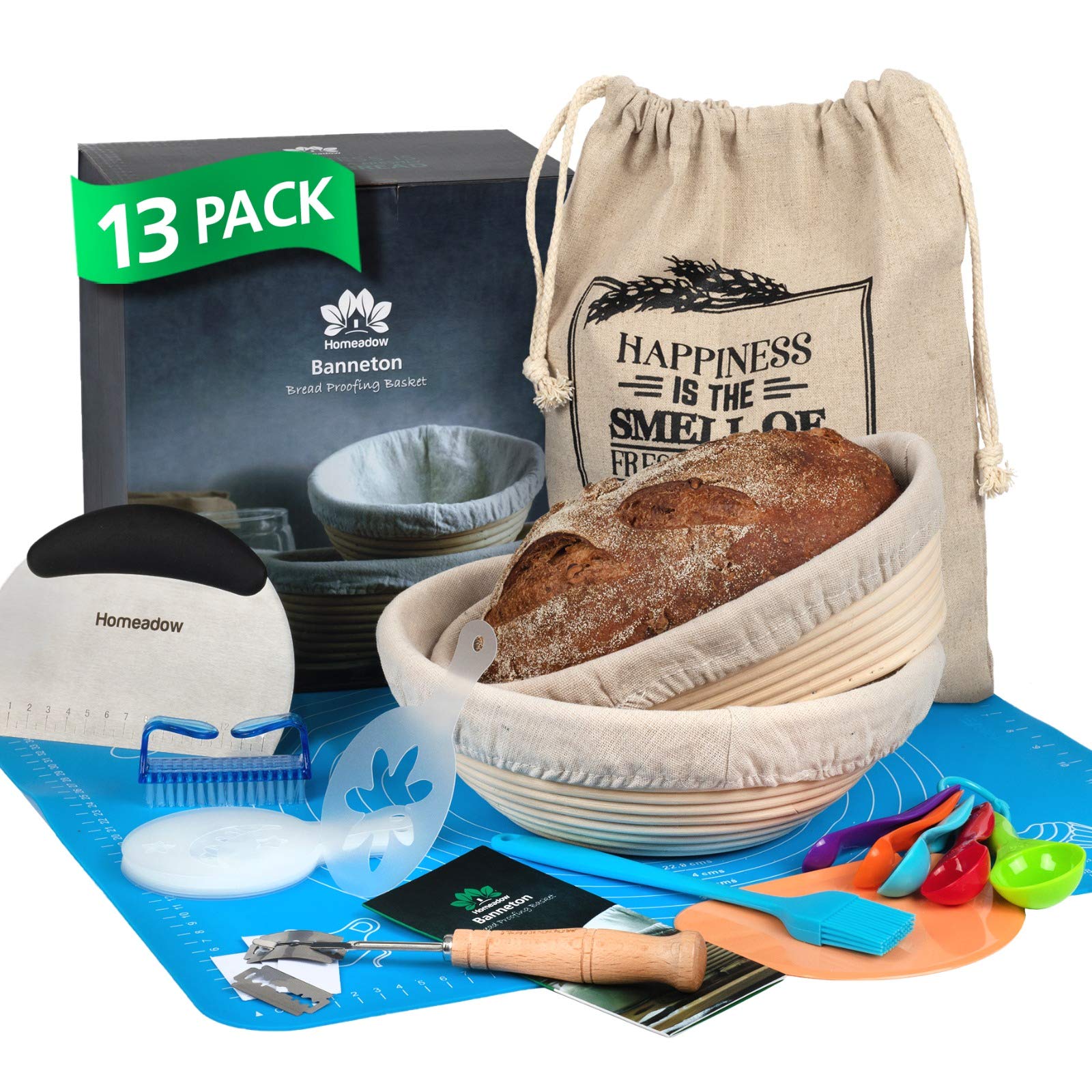 HOMEADOW Banneton Bread Proofing Basket - Perfect Gift - 11 Pcs Kit: 10' Oval + 9' Round Brotform, Liner, Bread Lame, Bench Scraper, Dough Scraper, Stencils, Baking Mat, Bread Bag, Brush | Sourdough
