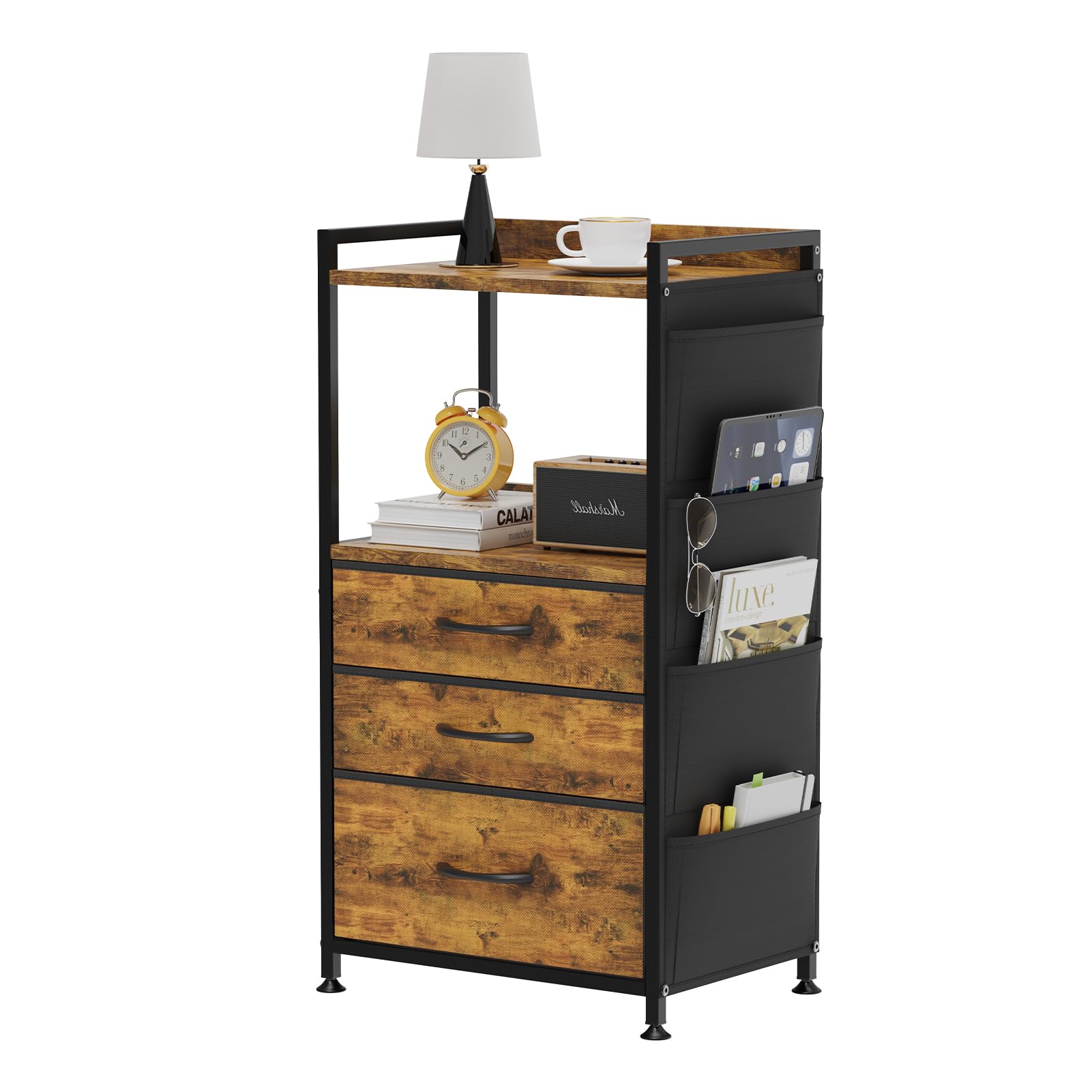 LASZOLA Nightstand with 3 Fabric Drawers and Side Pockets, Vertical Bedside Table with Wood Shelf, End Table Bed Side Dresser Furniture for Bedroom Living Room Entryway College Dorm, Rustic Brown, 1