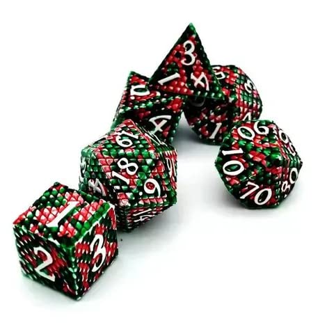 Full 7-e Set Breathtaking Dragon Scale Dice. Textured Solid METALDnD Dice. Coated for Extra Durable and Surface Protection (DK Green, Red)