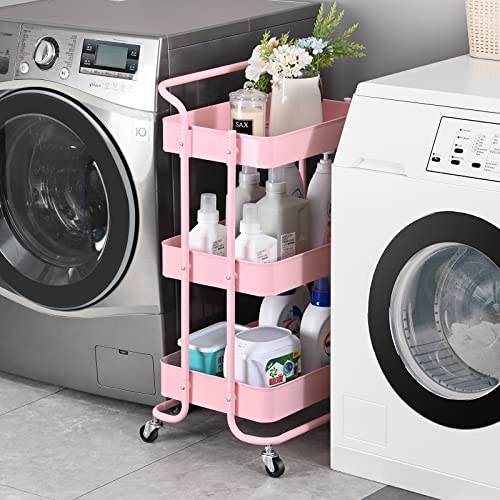 TOOLF 3 Tier Metal Rolling Cart, Utility Cart with Handle, Multifunction Storage Cart with Lockable Wheels, Serving Organizer Trolley with Mesh Basket for Kitchen, Bathroom, Office