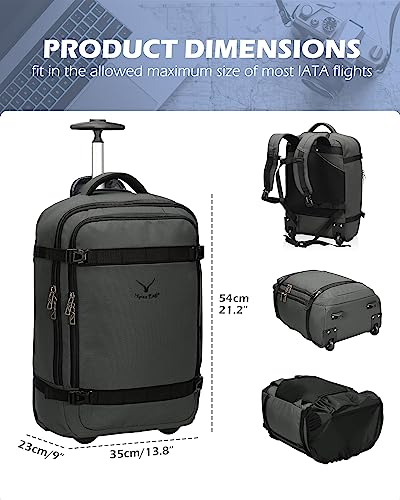 Hynes Eagle Rolling Backpack 42L Backpack with Wheels Airline Approved Carry on Luggage Laptop Travel Backpack for Women Men Grey-2023
