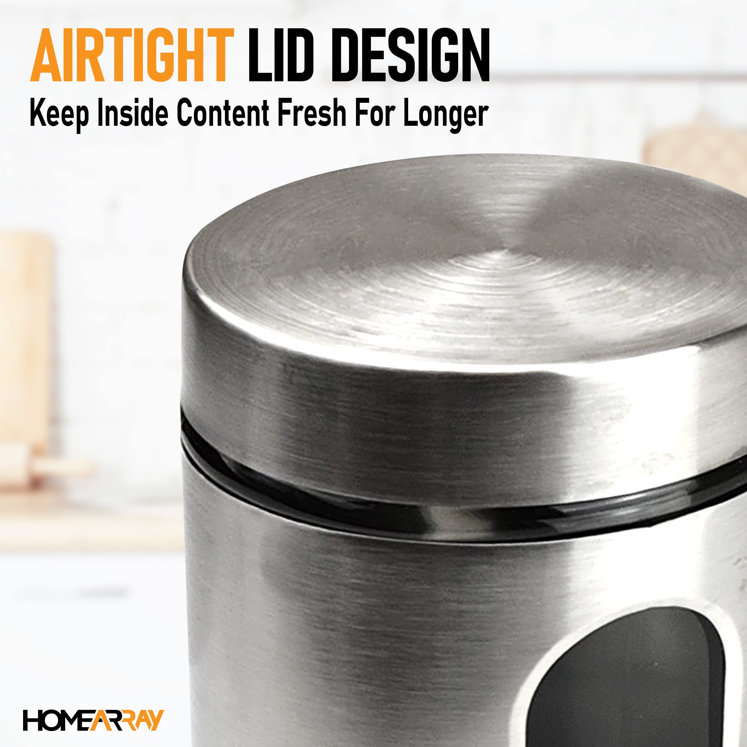 HOMEARRAY Stainless Steel Kitchen Canisters for Countertop β Set of 4 Stainless Steel Containers with Lids β Kitchen Containers Storage Set with Glass Window for Pasta, Cereal, Flour