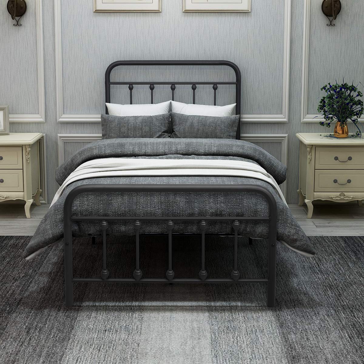 FANYHOME Twin Size Classic Metal Platform Bed Frame Mattress Foundation with Victorian Style Iron-Art Headboard/Footboard/Under Bed Storage/No Box Spring Needed/Black