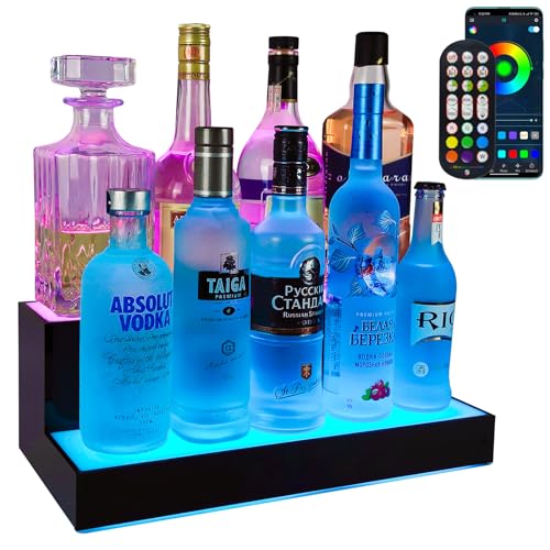 GOH&FTY LED Lighted Liquor Bottle Display Shelf ,APP16inche-2Step LED Bar Shelf with Wireless Remote& Multicolor LED Light ,Liquor Cabinet for Home Bar Accessories,--16inche2 Tier