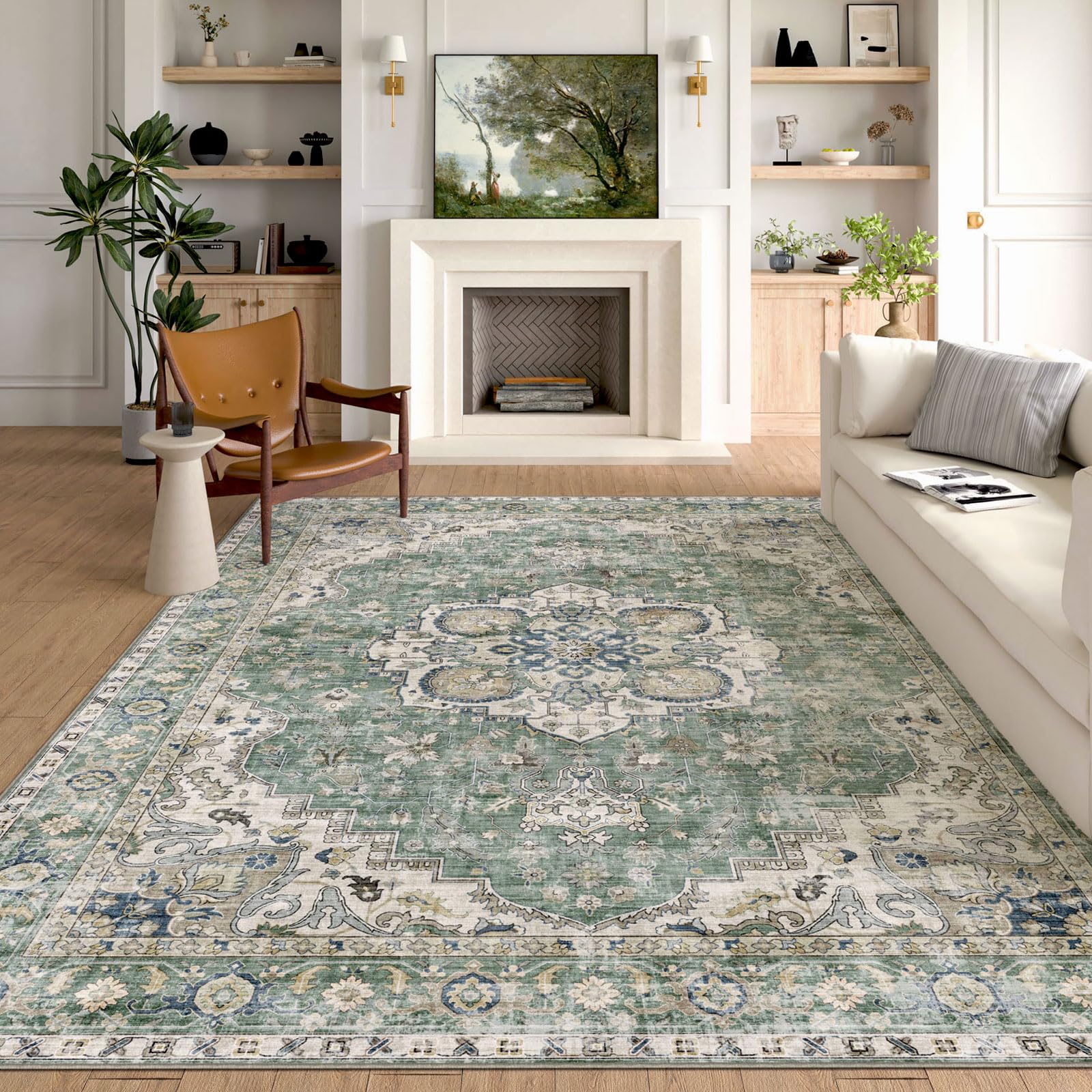 LUXRUG Washable Area Rug 8x10 - Large Sage Green Boho Rugs for Living Room Soft Vintage Bedroom Rug Ultra-Thin Distressed Oriental Carpet Stain Resistant Rug for Dining Room Guest Room Home Decor