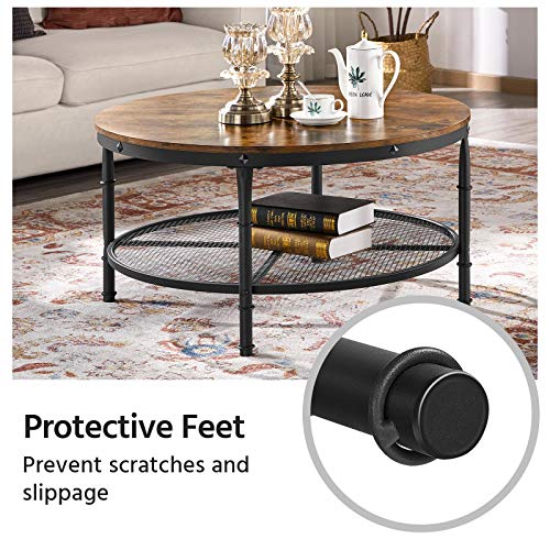 Yaheetech 35.5 inch Round Coffee Table, 2-Tier Rustic Wood Coffee Table for Living Room, Industrial Center Table with Metal Frame and Wood Desktop,Easy Assembly, Rustic Brown