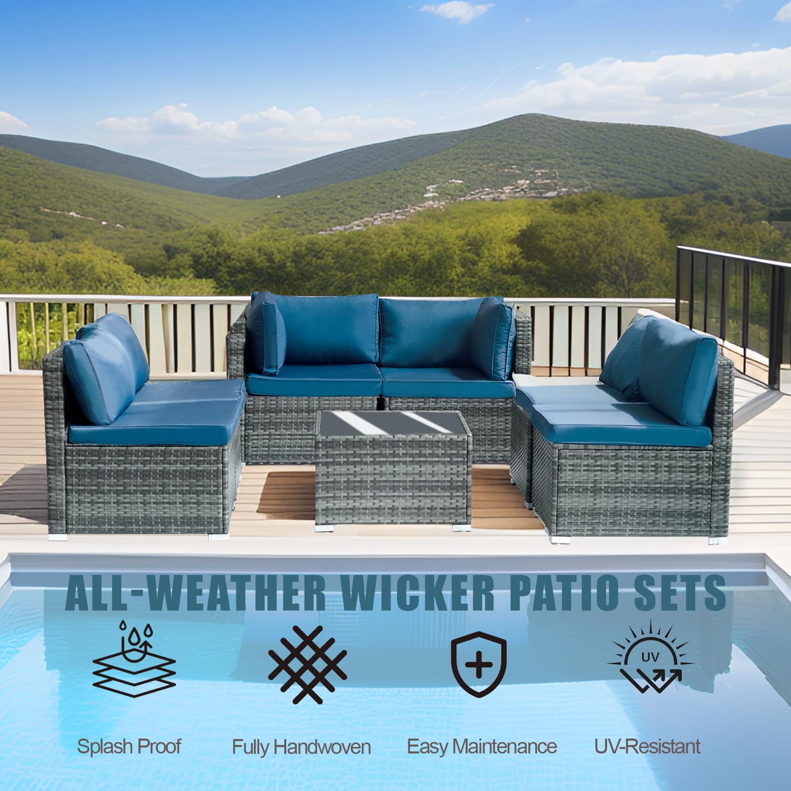 PatLoom 7-Piece Outdoor Furniture Set, Wicker Patio Sofa, Elegant Patio Conversation Set with Glass Top Coffee Table, Cushioned Sectional Sofa for Garden, Backyard, Poolside, Balcony (Brown&Grey)