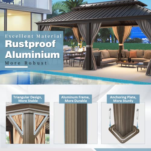 MELLCOM 12' x 20' Hardtop Gazebo,Galvanized Steel Metal Double Roof Aluminum Gazebo with Curtain and Netting,Brown Permanent Pavilion Frame for Patio, Lawn & Garden