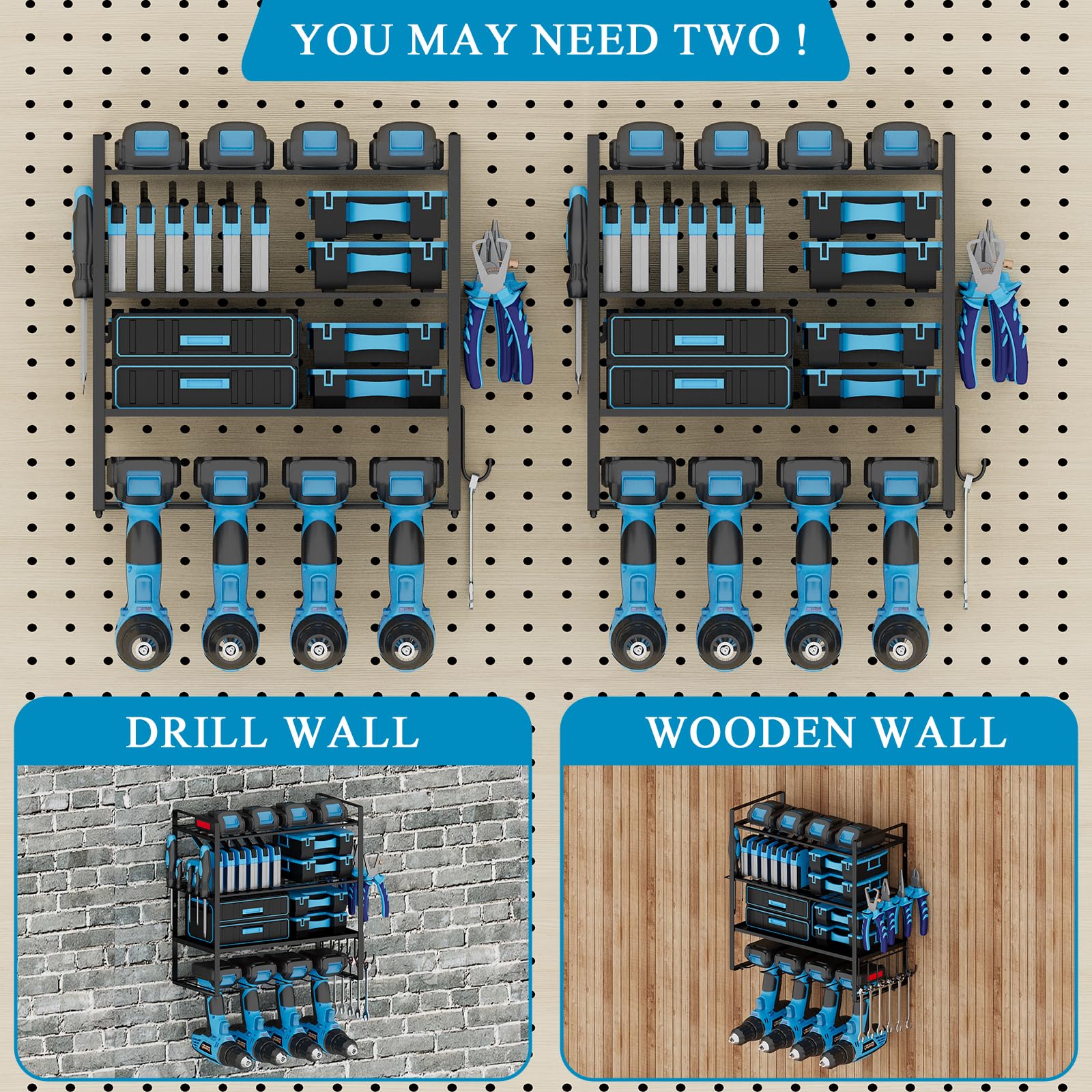 Power Tool Organizer Wall Mount, 4 Drill Holder 4 Layers Garage Tool Organizers and Tool Storage Rack, Heavy Duty Metal Tool Shelf with Screwdriver Holder Plier Holder Hammer Holder