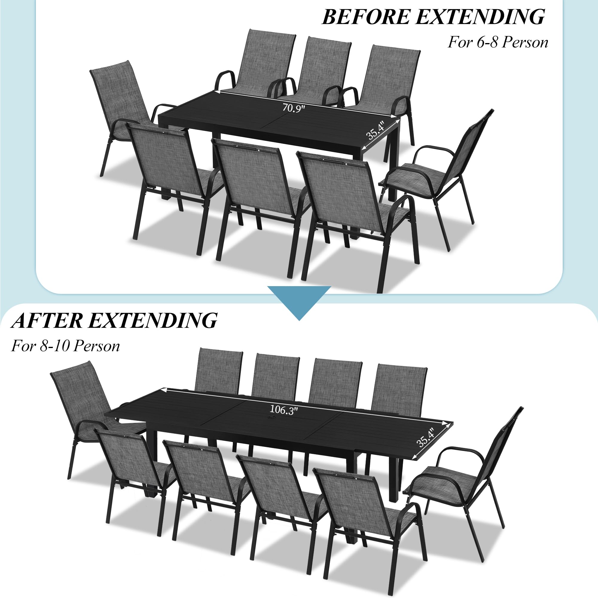 PIZZELLO 11 Pieces Patio Dining Set Outdoor Furniture w/ 10 Stackable Textilene Chairs and 106" Aluminum Extendable Dining Table for Backyard, Garden, Porch and Poolside