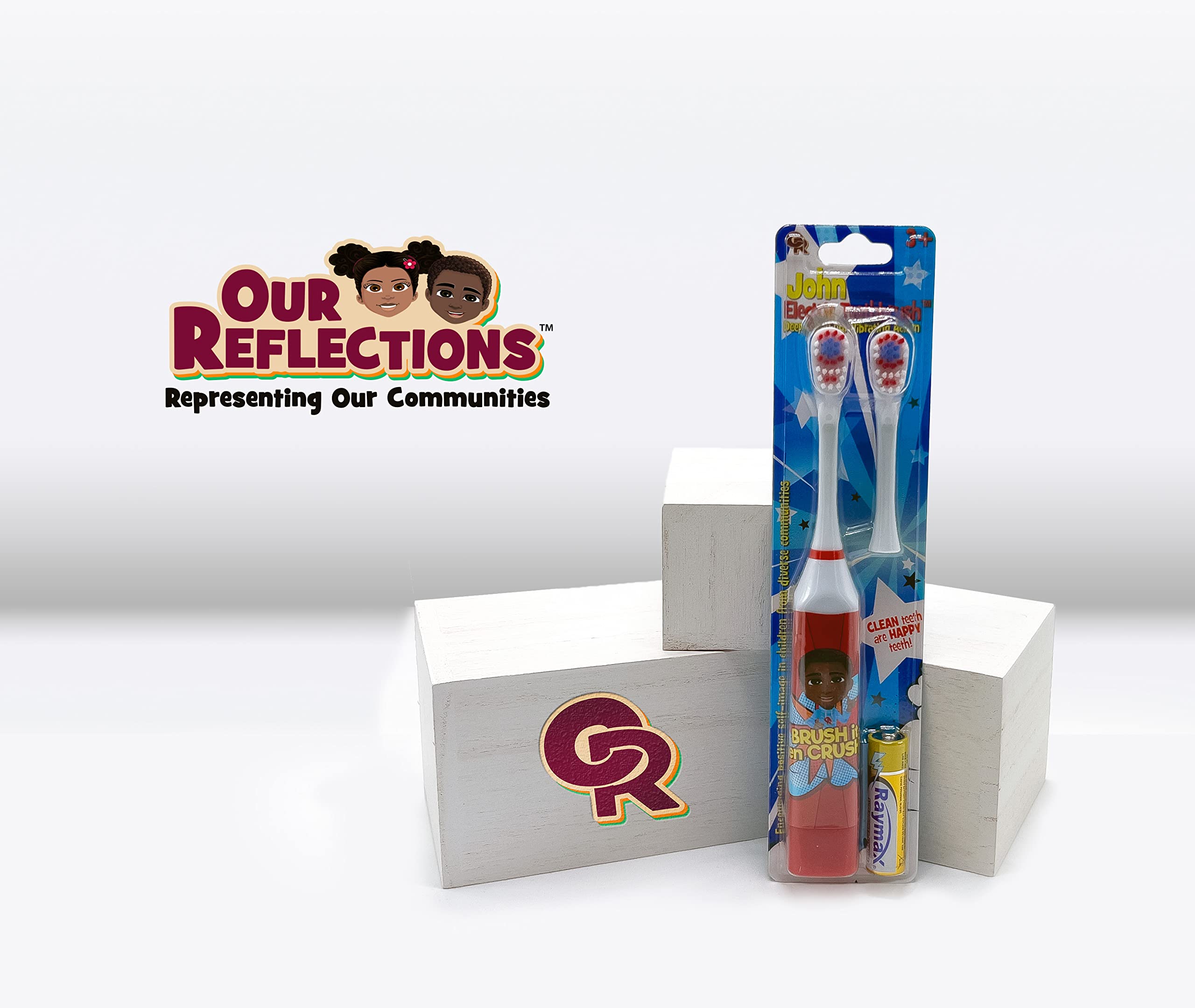 OUR REFLECTIONS Kids Battery Powered, 2 Toothbrush Heads, Soft Bristles, Ages 3 and up. (John Electric Toothbrush, Red)