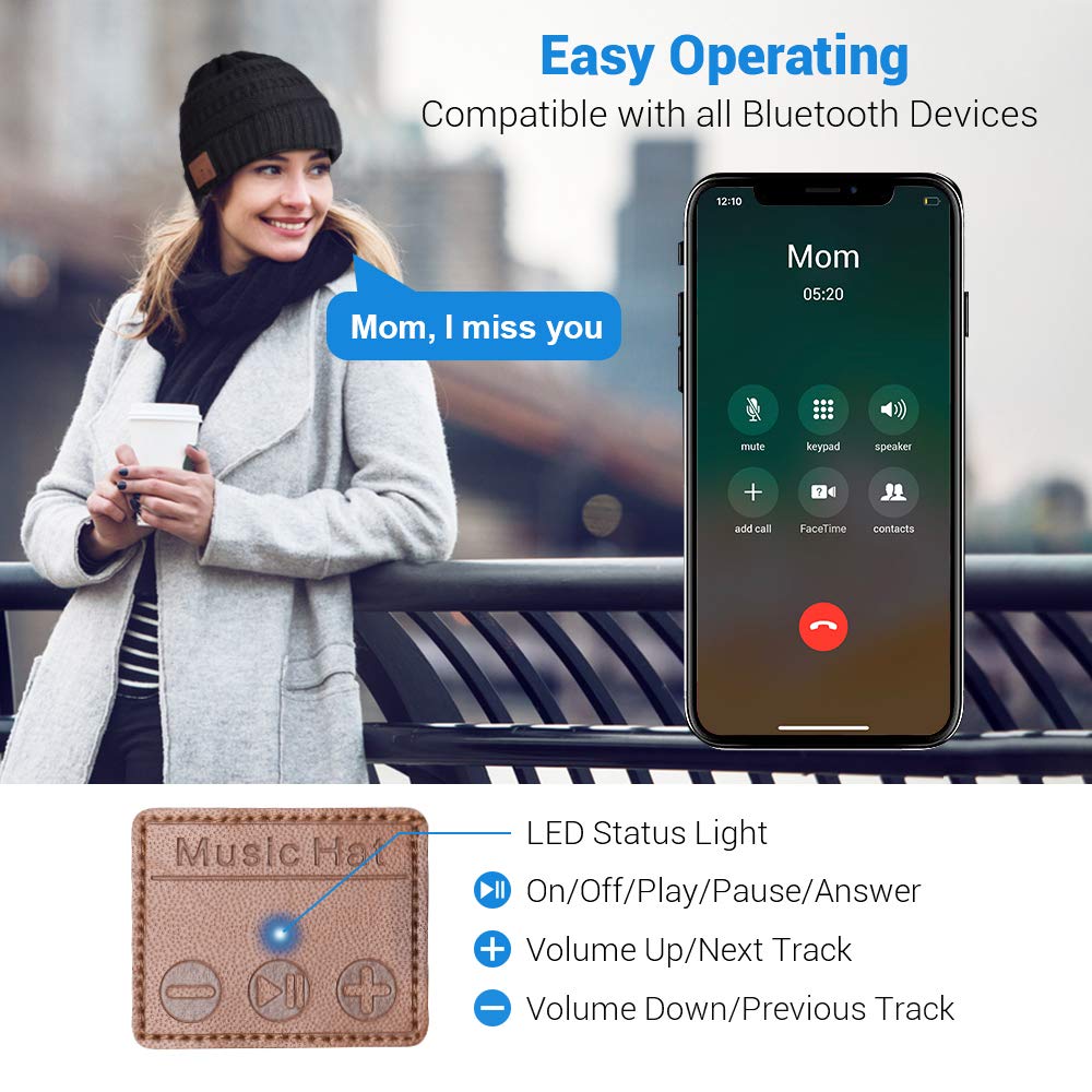 Gifts for Men Women Bluetooth Beanie - Christmas Stocking Stuffers Bluetooth Hat with Wireless Headphones Gift Ideas Black