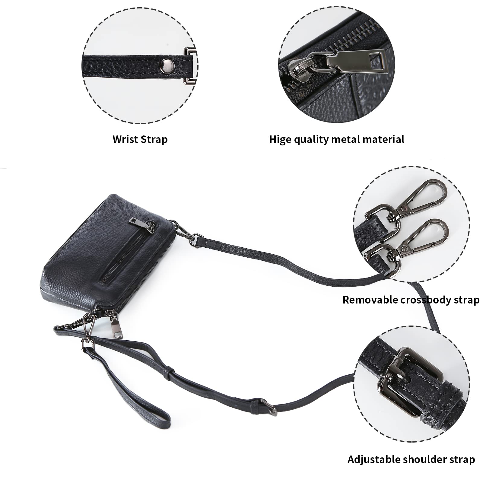 Hippopo Genuine Leather RFID Blocking Tiny Crossbody Wallet for Women Handbag Wristlet Purse (Black)