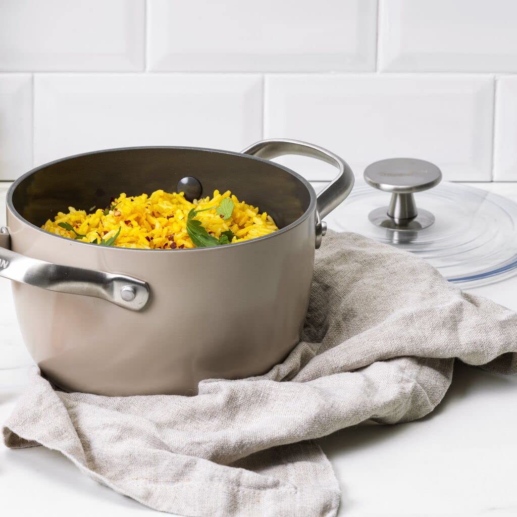 GreenPan Healthy Ceramic Nonstick, 2QT Rice Grains and Soup Maker, Caldero Pot with Lid, PFAS-Free, Induction, Dishwasher Safe, Oven Safe, Taupe