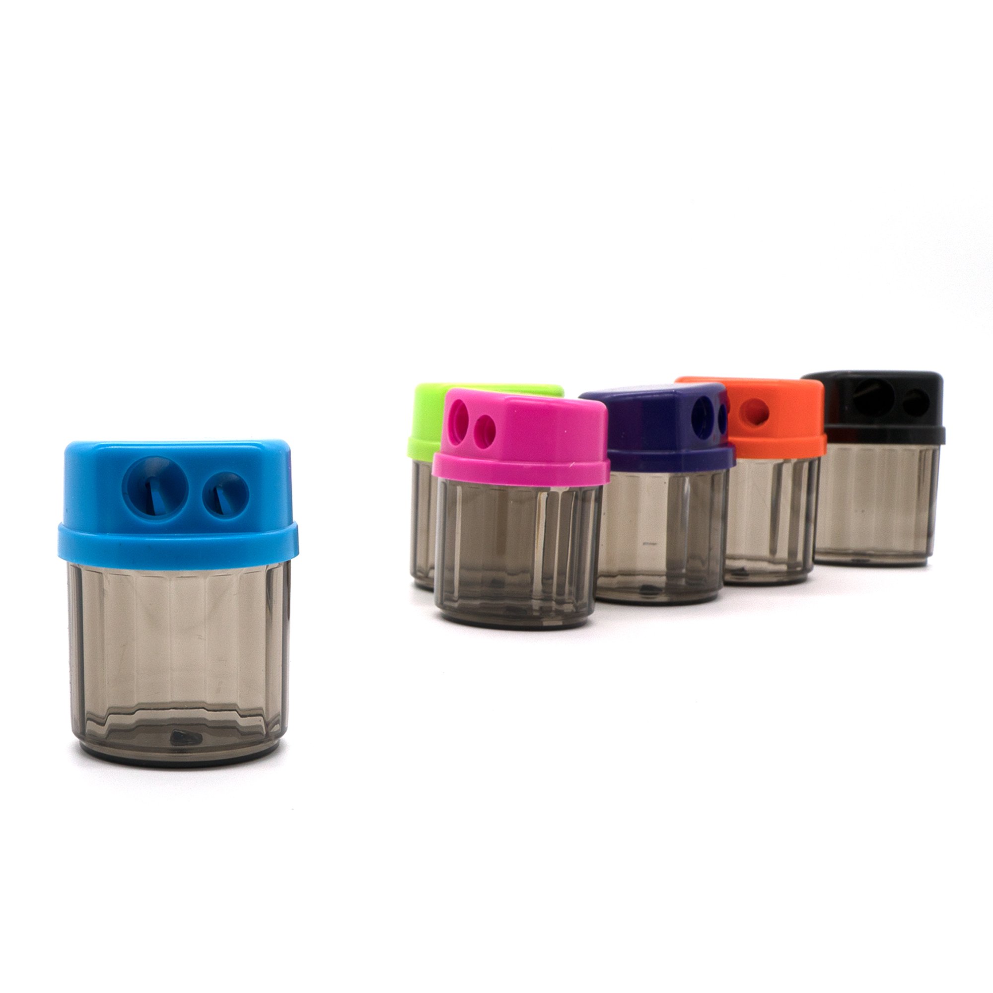 Emraw Dual Blades Sharpener w/Round Receptacle to Catch Shavings for Regular/Oversize Pencils/Crayons in Blue, Green, Pink, Purple, Orange & Black Plastic - Great for School, Home & Office (6 Pack)