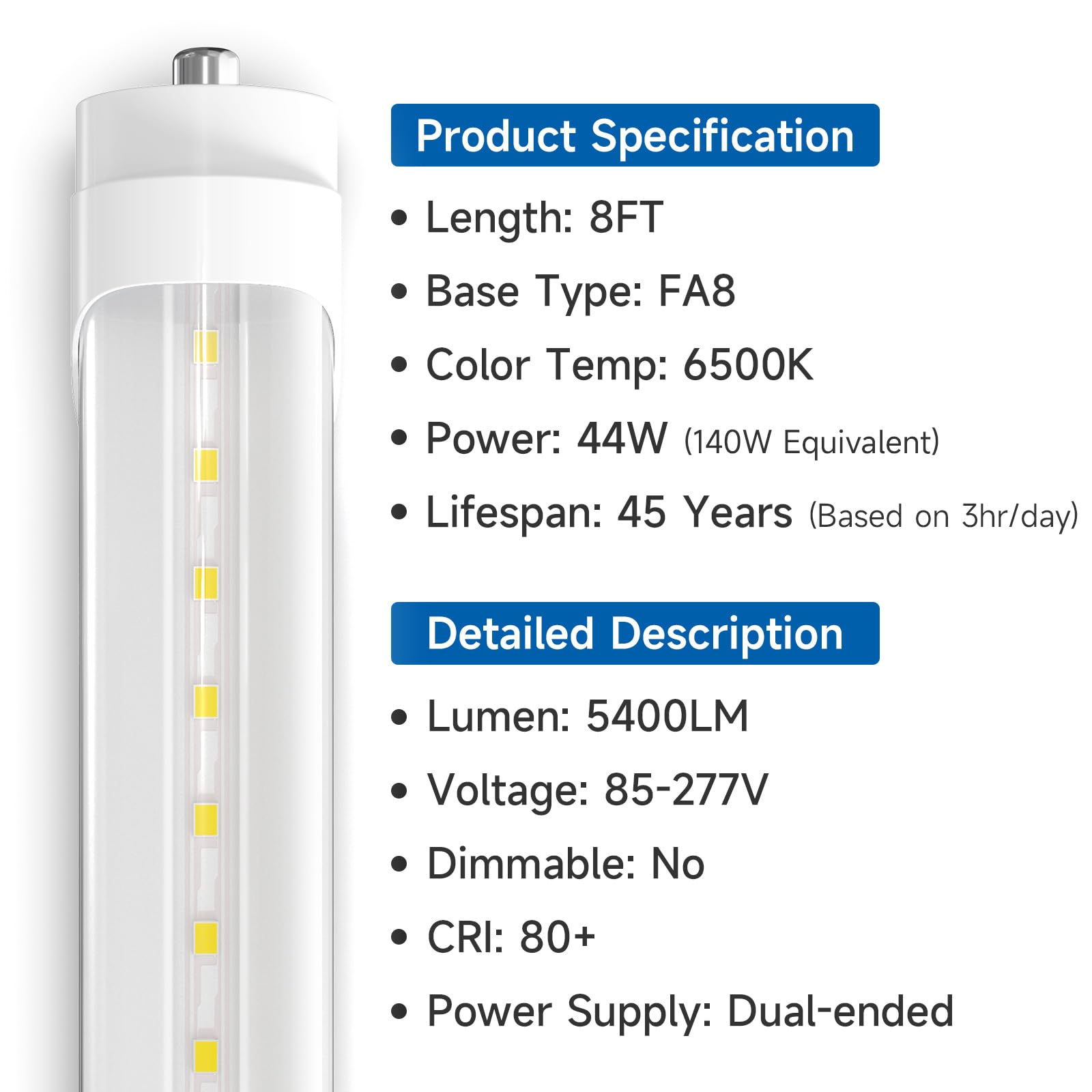 SHINESTAR 20-Pack 8FT LED Bulbs, Ballast Bypass, 44W 6500K Daylight, F96T12 LED Replacement for T8 T10 T12 Fluorescent Tubes, FA8 Single Pin, Dual-end, Clear Cover