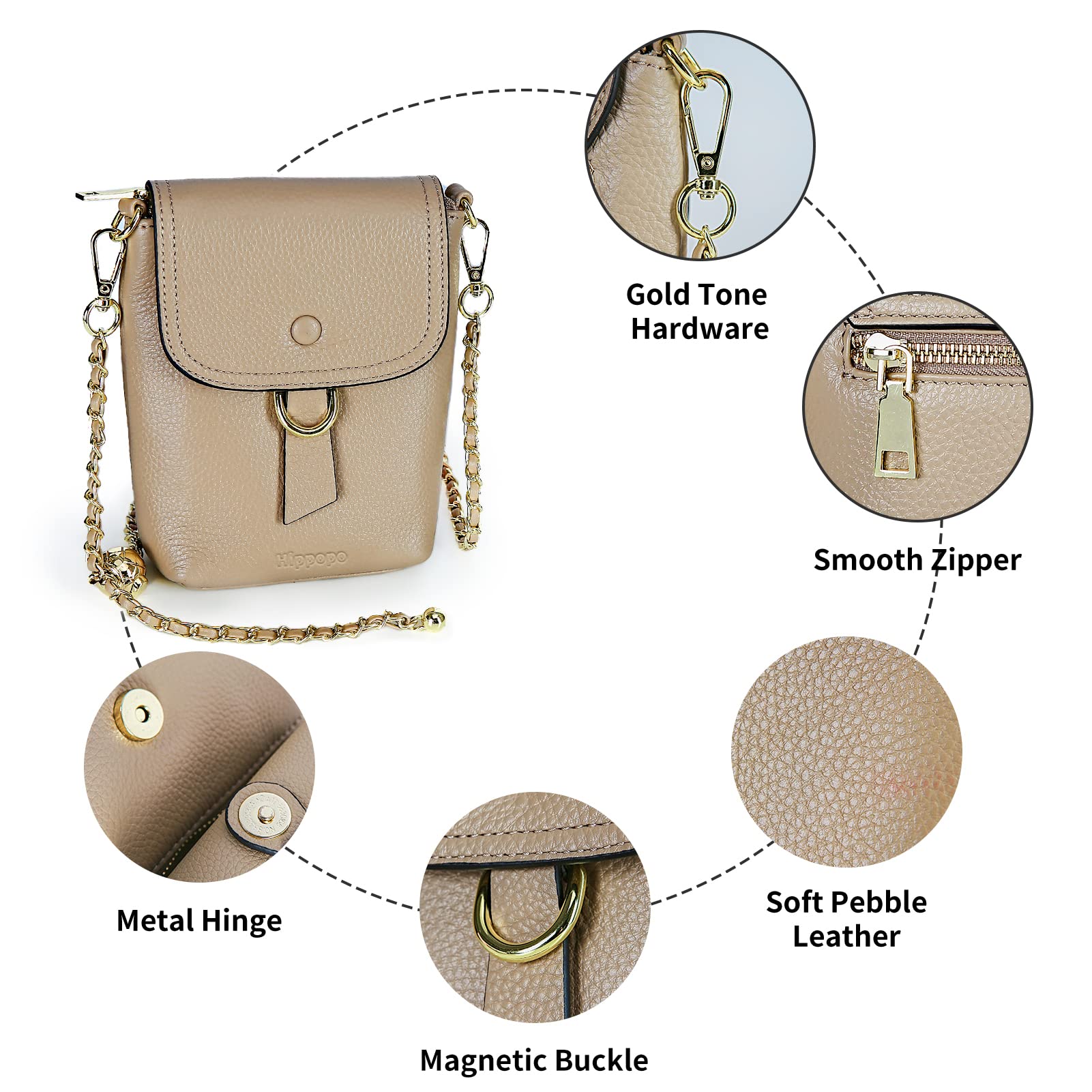 Hippopo Small Crossbody Phone Bag For Women Designer Fashion Soft Pebbled Real Leather Shoulder bag (Khaki)