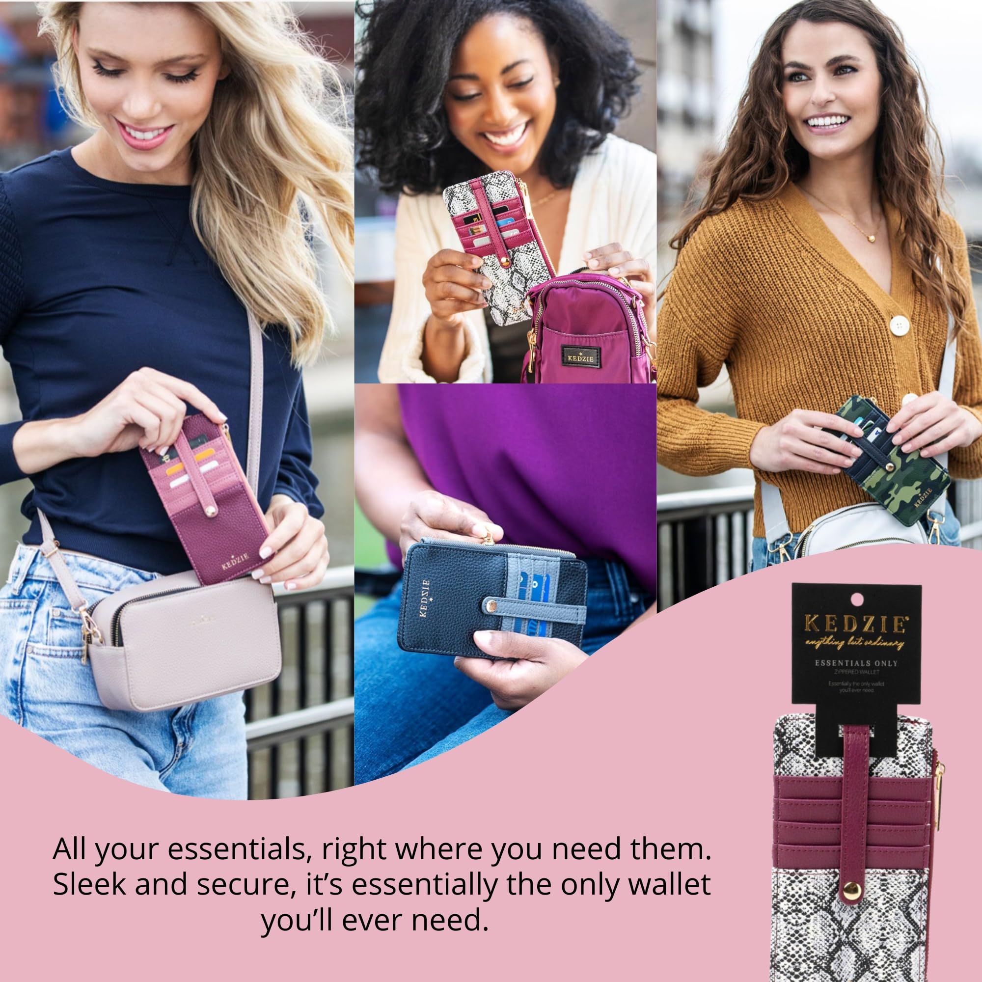 KEDZIE Essentials Only Women's Zippered Wallet in Vegan Leather Small Card Holder Wallet Exterior ID Window - Just Kitten