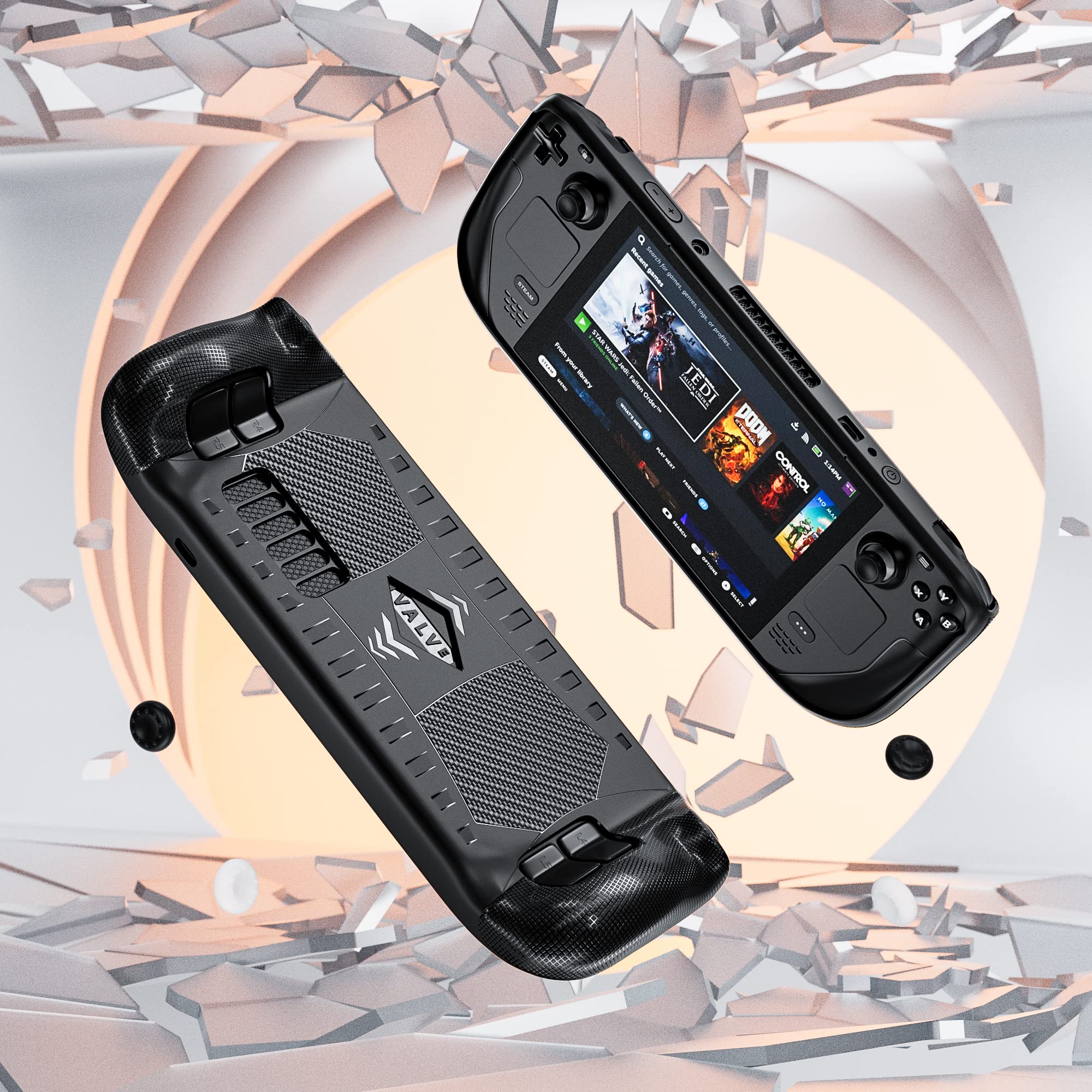 FUNDIARY Thickened TPU Protective Shell for Steam Deck, Non-Slip Texture Handle Case Compatible with Steam Deck, Anti-Collision Cover with 4 Thumb Caps and 2 Tempered Glass Screen Protector