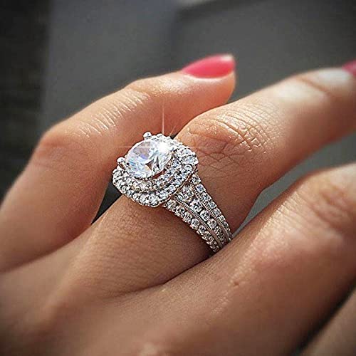 Gixaxak Silver Plated Micro Pave Hand Simulation Diamond Ring Zircon Rings Cubic Zirconia Promise Halo Engagement Wedding Band Ring for Women 8