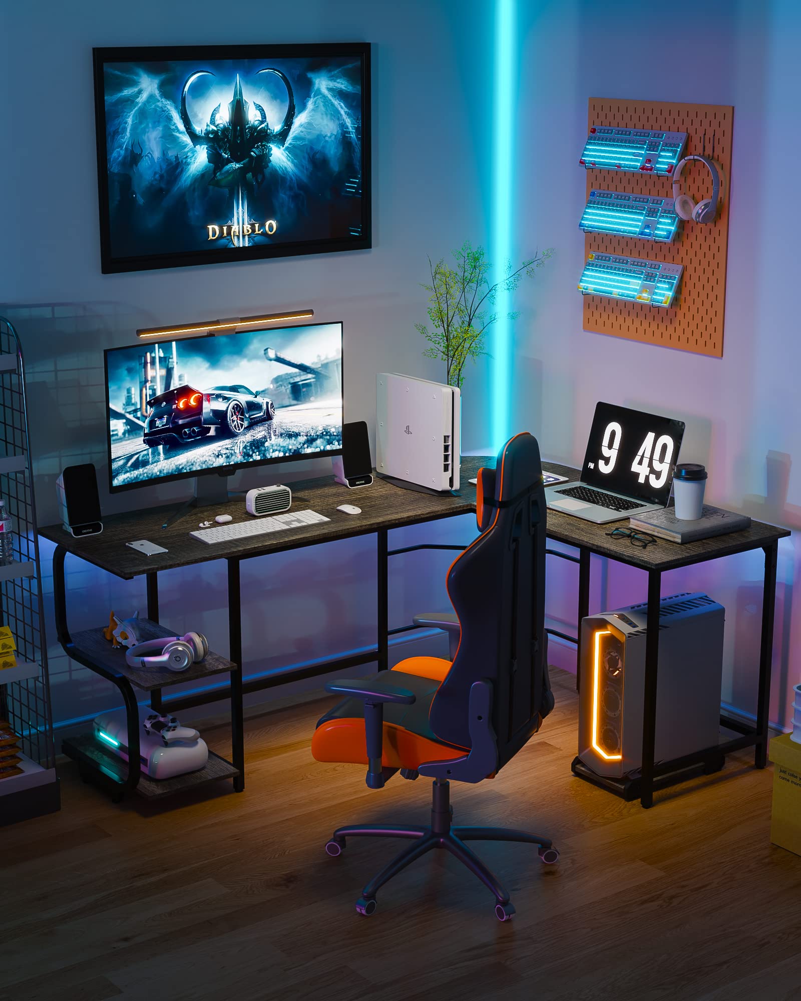 Teraves Reversible L Shaped Desk with Large Surface, 61 Inch Sturdy Corner Desk with Storage Shelves, Premium Office Computer Desk Workstation for Home Office Gaming
