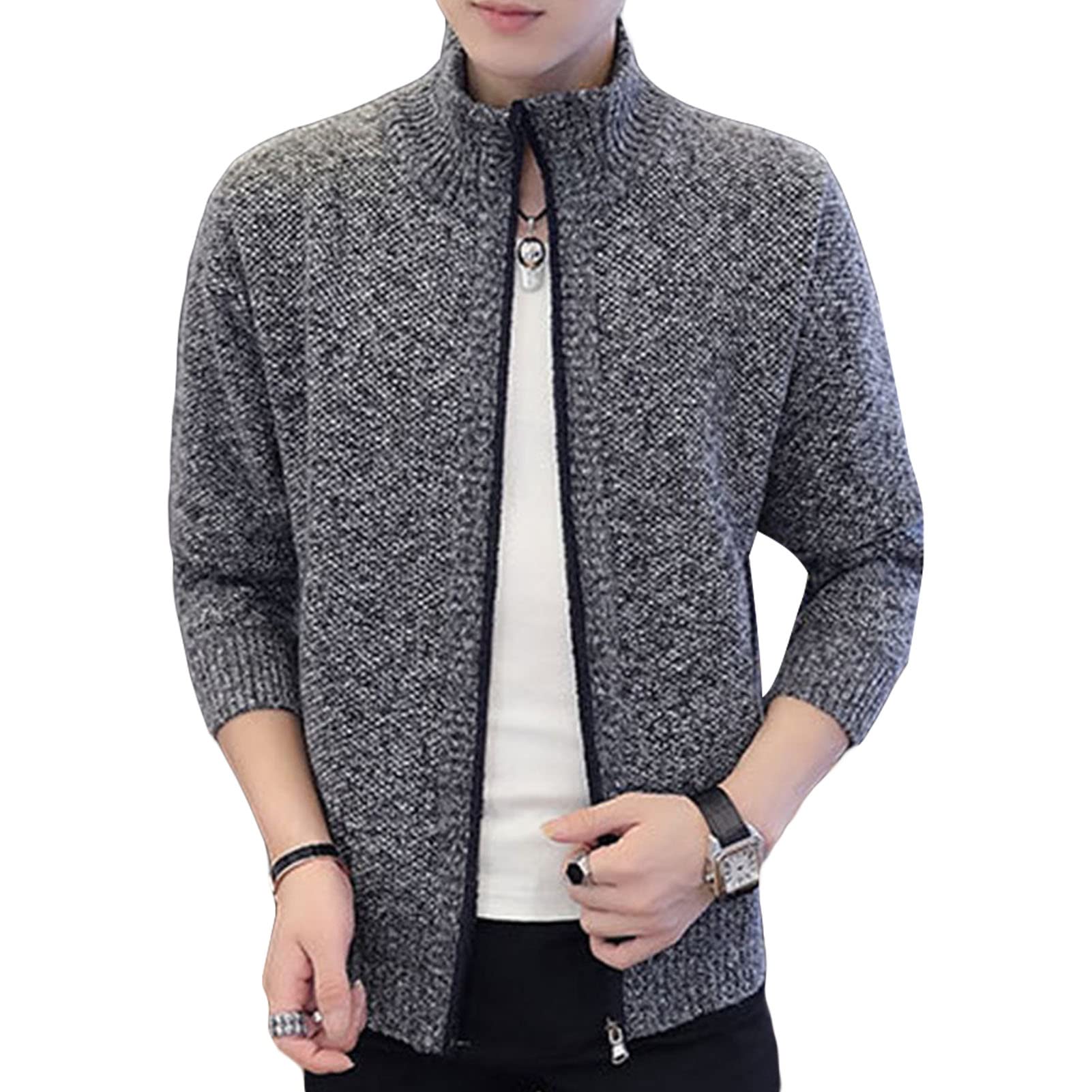 Maiyifu-GJ Men's Full Zip Cardigan Sweater Soft Slim Fit Sweaters with Pockets Stand Collar Lightweight Warm Coat (Dark Grey,Large)
