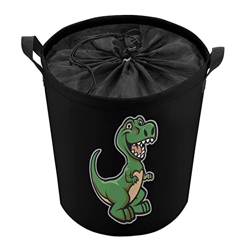 Happy Dinosaur Cartoon Laundry Basket Round Collapsible Storage Bin with Drawstring and Handle for Bedroom Bathroom Toys Room 17.3" X 13.8"