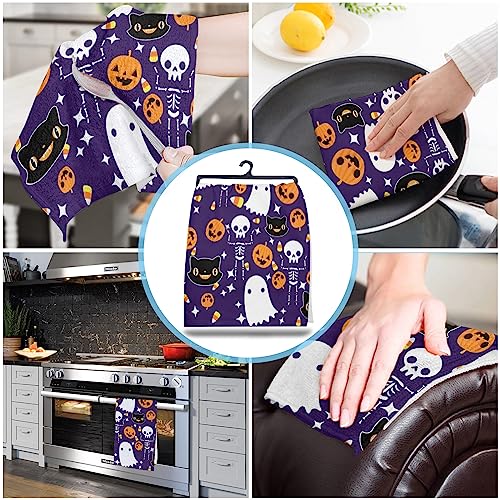 Yun Nist Kitchen Dish Towels,Halloween Cartoon Skeleton Pumpkin Navy Soft Microfiber Dish Cloths Reusable Hand Towels,Black Cat White Ghost Washable Tea Towel for Dishes Counters 1 Pack