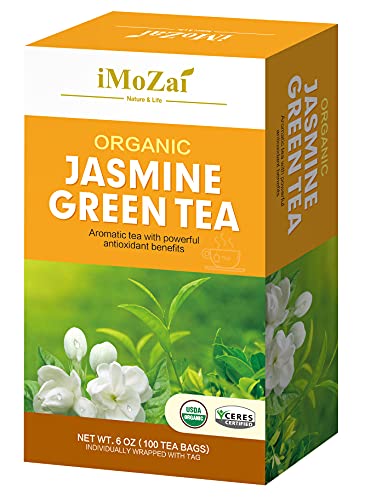 Imozai Organic Jasmine Green Tea Bags 100 Count Individually Wrapped | Lower Caffeine | Floral Aroma & Taste