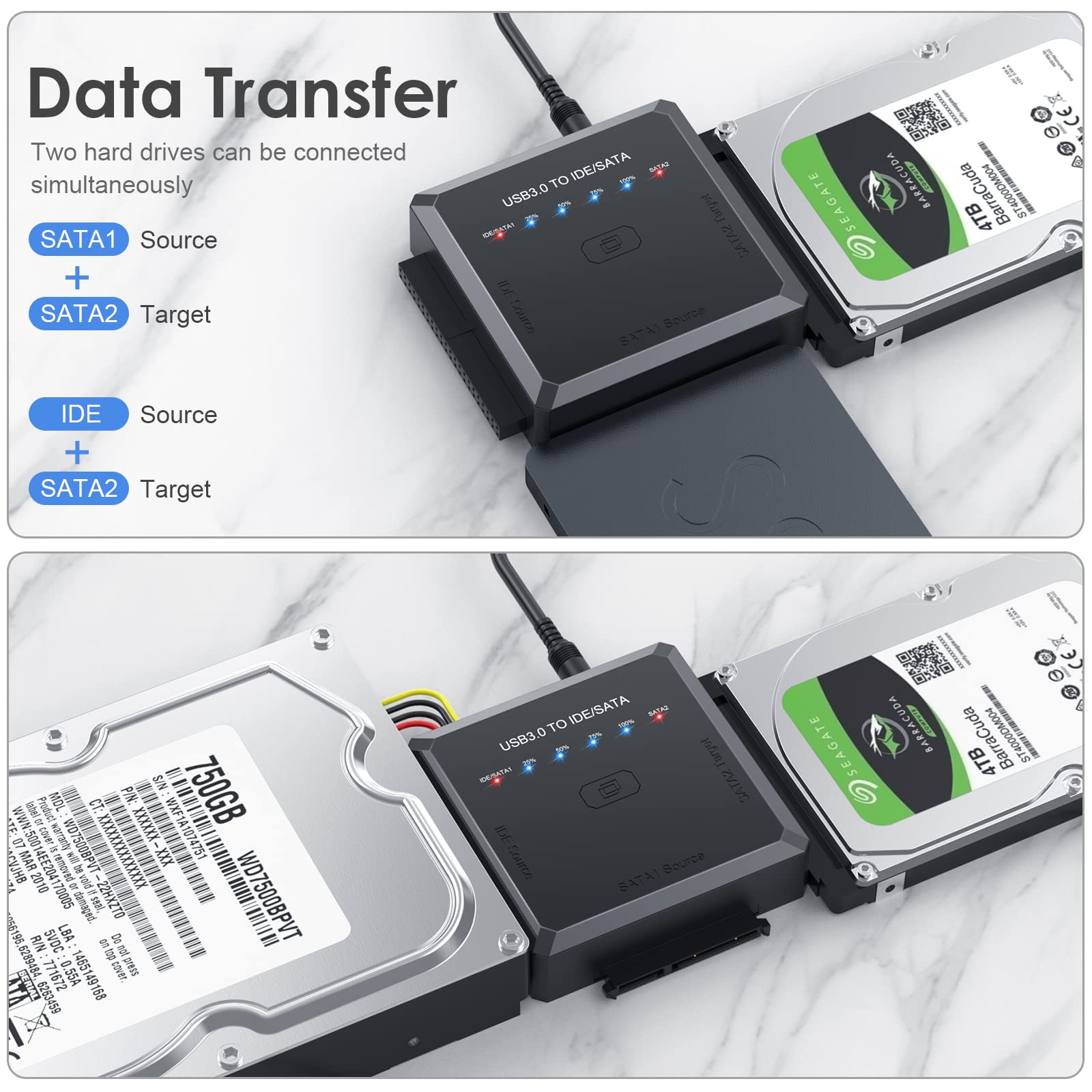 Hard Drive Reader, SATA/IDE to USB 3.0 Adapter External Hard Drive Ultra Recovery Converter for 2.5/3.5 HDD/SSD Hard Drive, Included 12V/2A Power Adapter