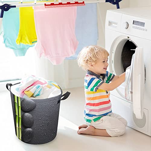 Oyihfvs Black Zen Basalt Stones with Dew Green Bamboo on Dark Collapsible Waterproof Laundry Hamper with Handles, Tall Washing Storage Large Organizer Round Basket Bin for Toys Clothes